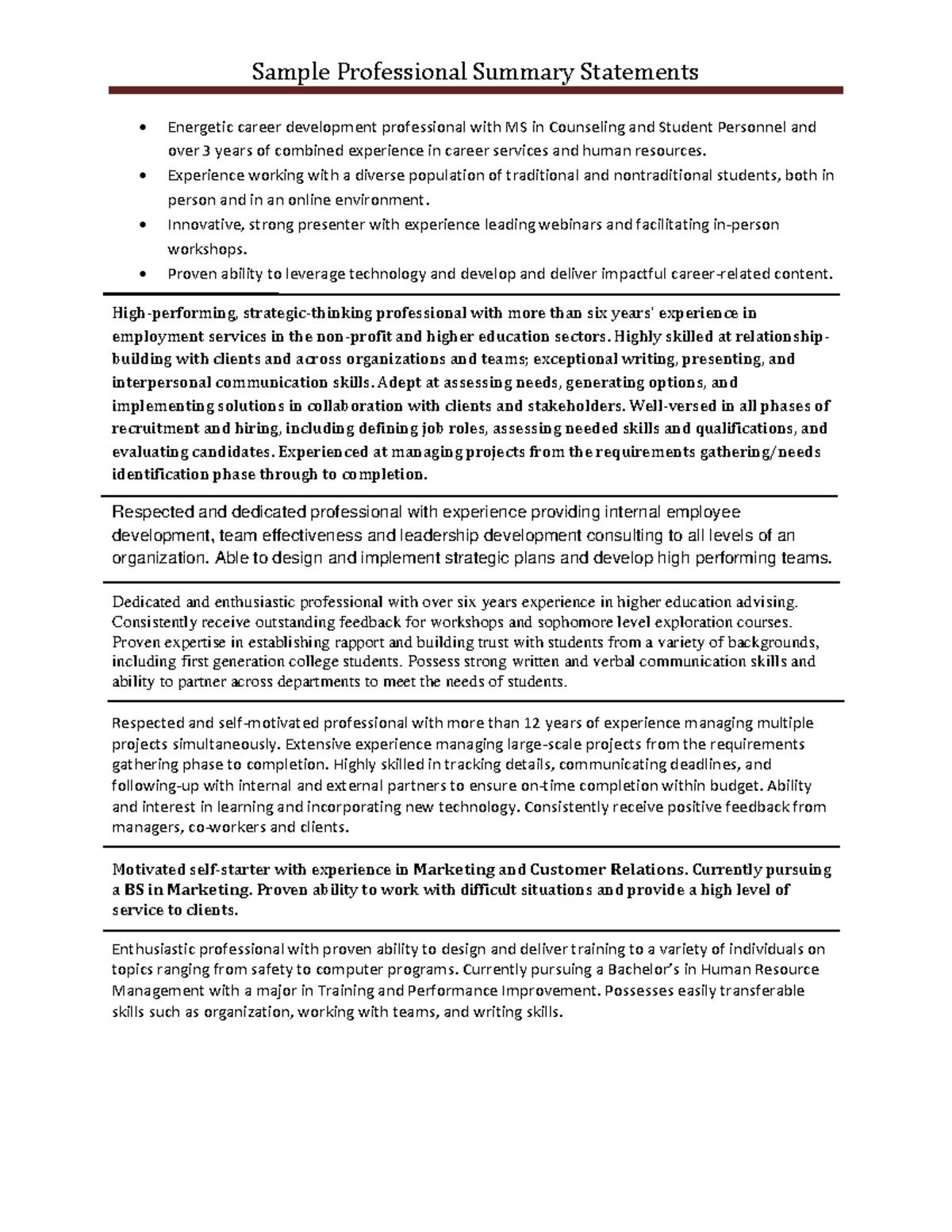 Sample professional summary statements - Sample Professional Summary ...