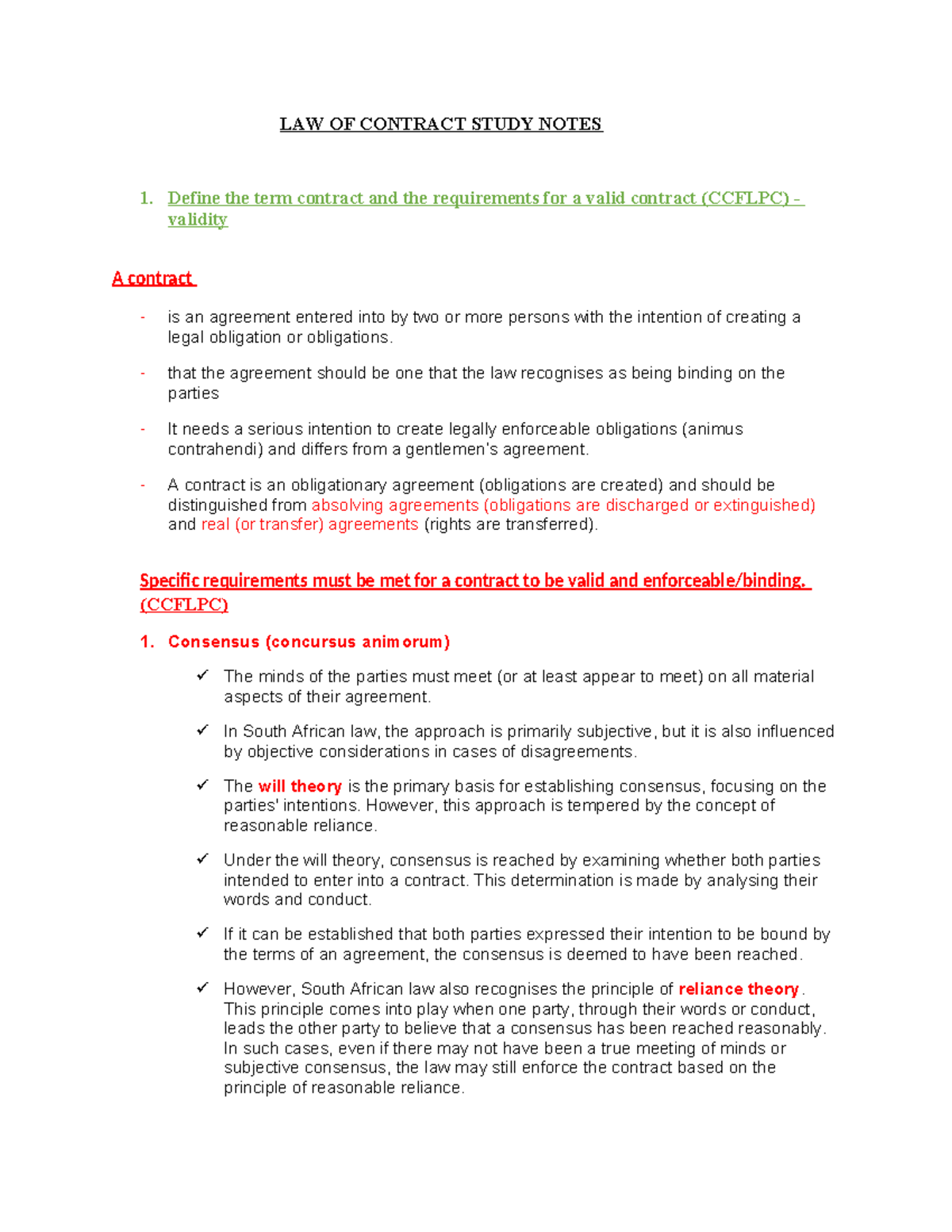 Law of Contract Study Notes - LAW OF CONTRACT STUDY NOTES 1. Define the ...