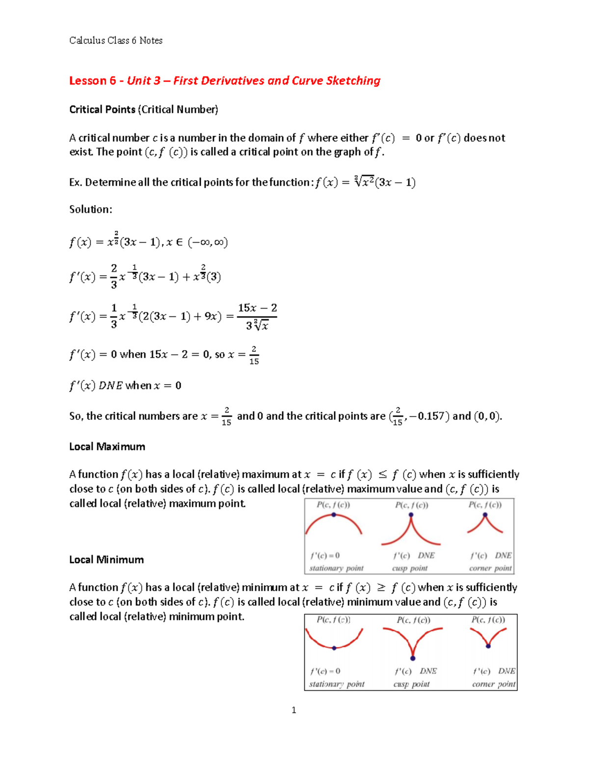 Class 06 Calculus Notes Mar 11-17 - Lesson 6 - Unit 3 – First ...