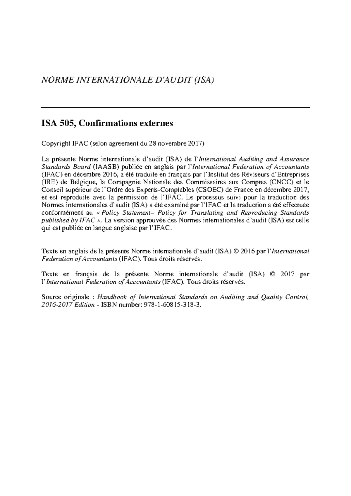 Isa 505 fr 2016 2017 clean - NORME INTERNATIONALE D'AUDIT (ISA) ISA 505 ...