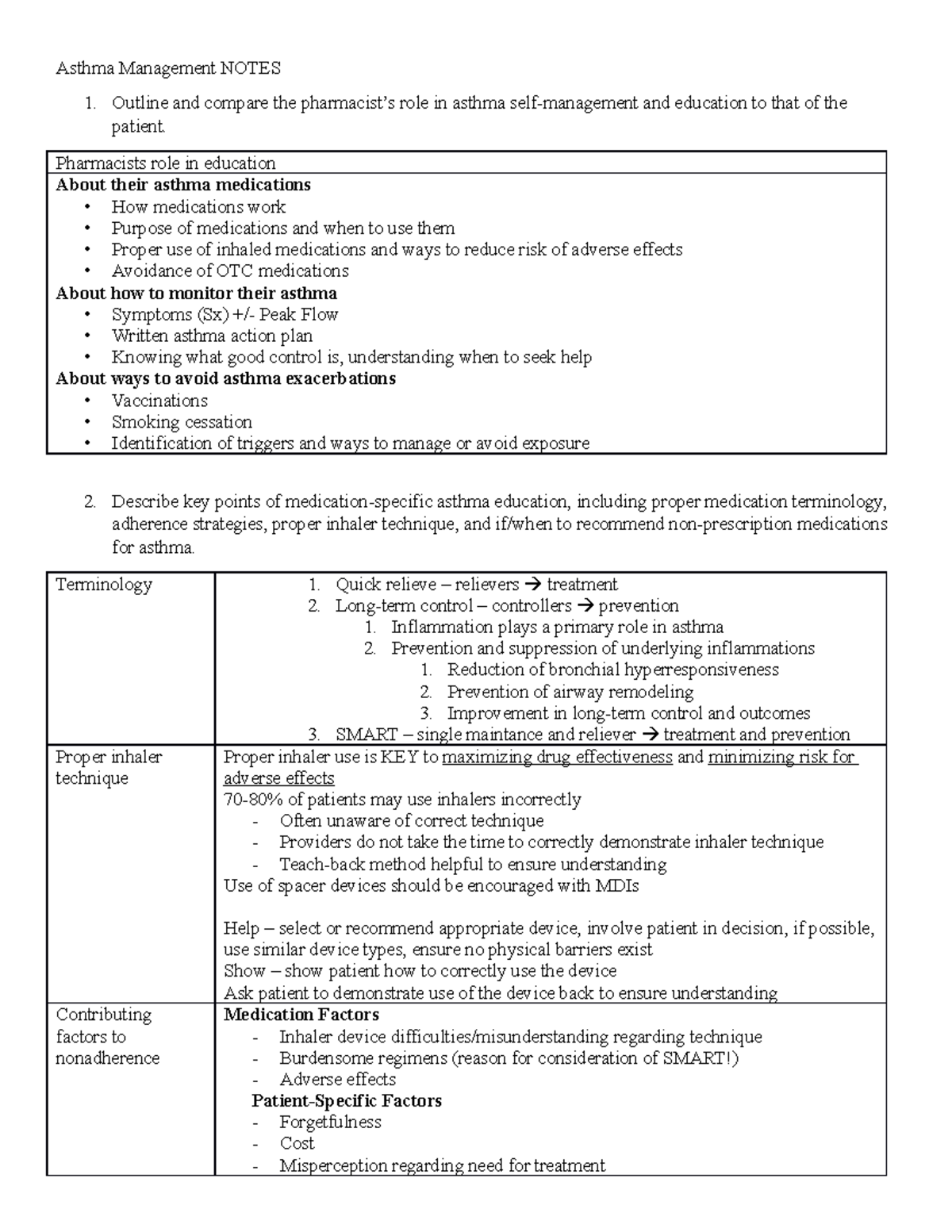 Asthma Management Notes - Asthma Management NOTES Outline and compare ...