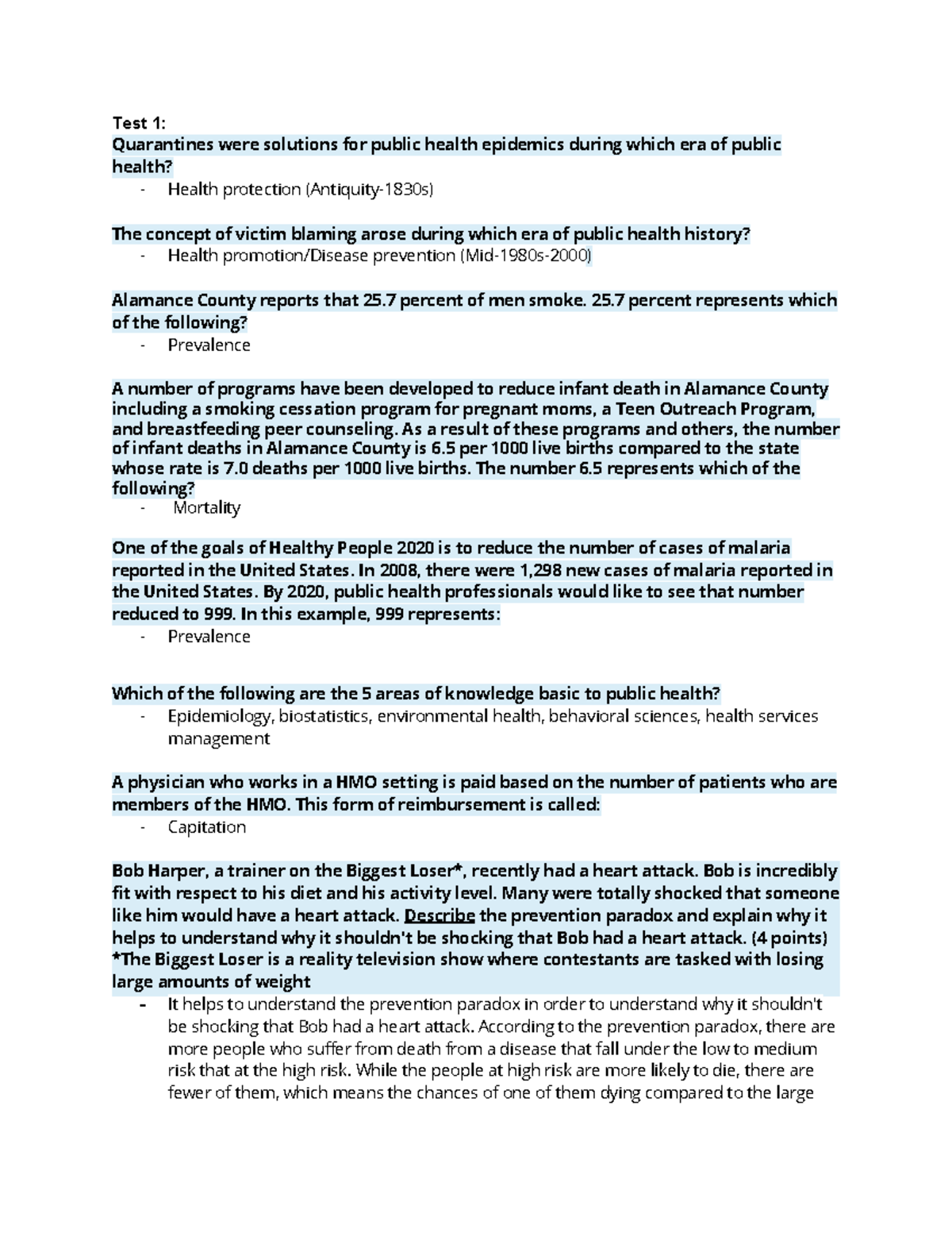 PB Health Final (Tests 1&2) - Test 1: Quarantines were solutions for ...
