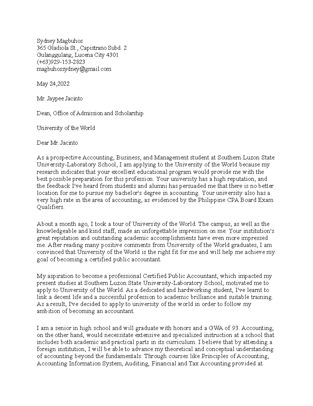 College Application Letter Sydney Magbuhos 365 Gladiola St