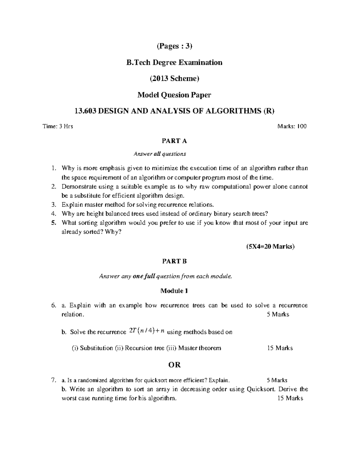 Dsa question - (Pages : 3) B Degree Examination (2013 Scheme) Model ...