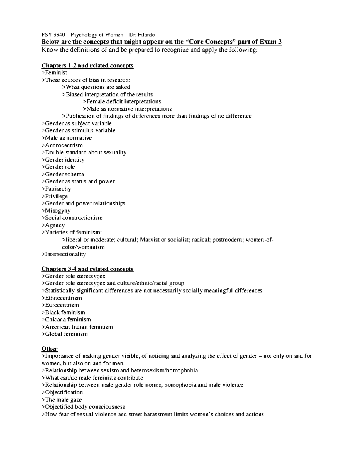 Core Concepts pdf - PSY 3340 – Psychology of Women – Dr. Filardo Below ...