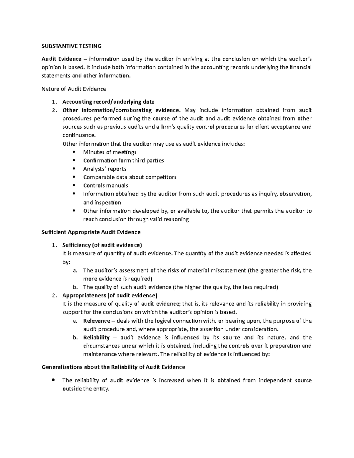 Auditing Second Part Random Lecture Notes Substantive Testing Audit Evidence Information