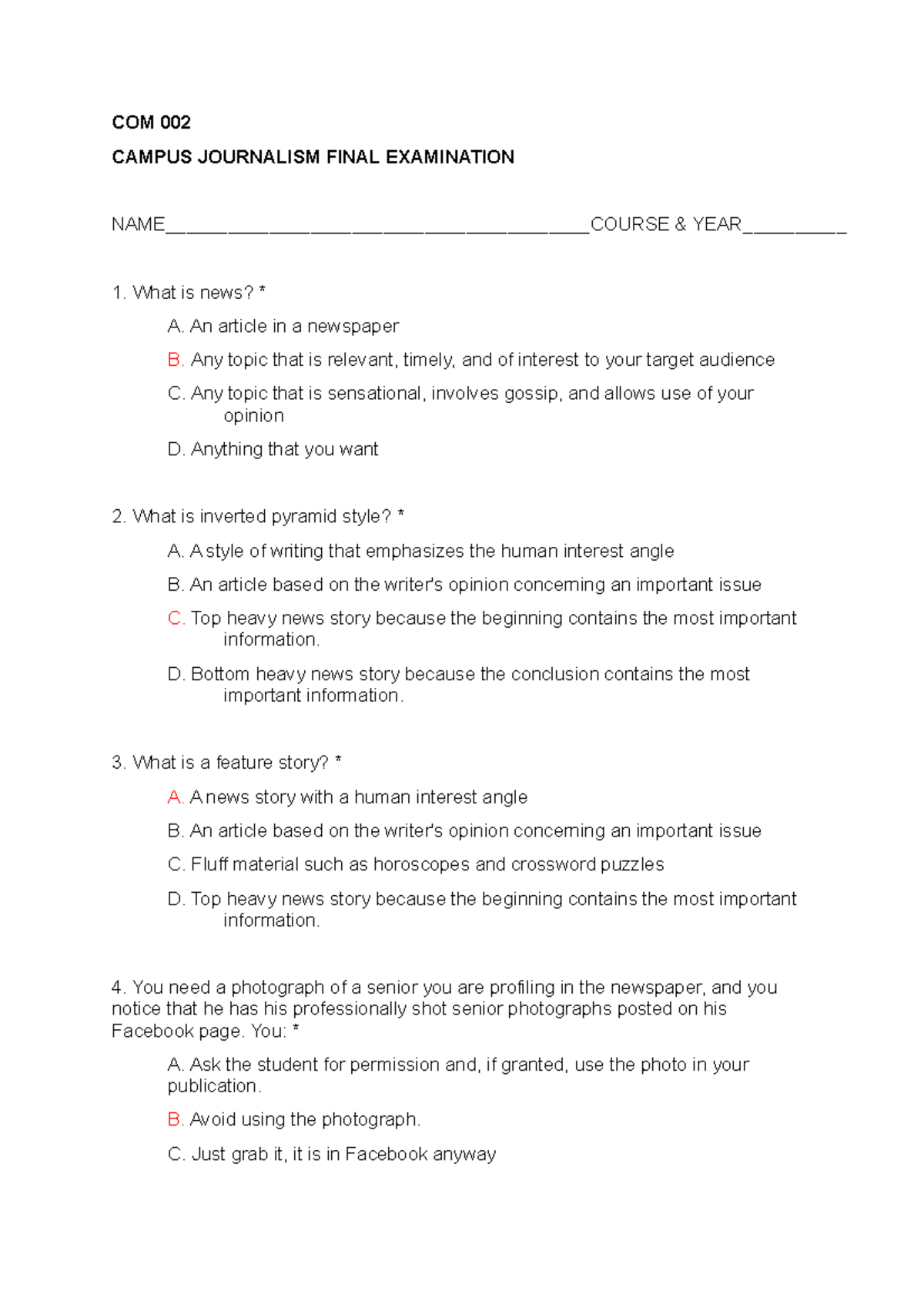 COM 002 Campus Journalism - COM 002 CAMPUS JOURNALISM FINAL EXAMINATION ...