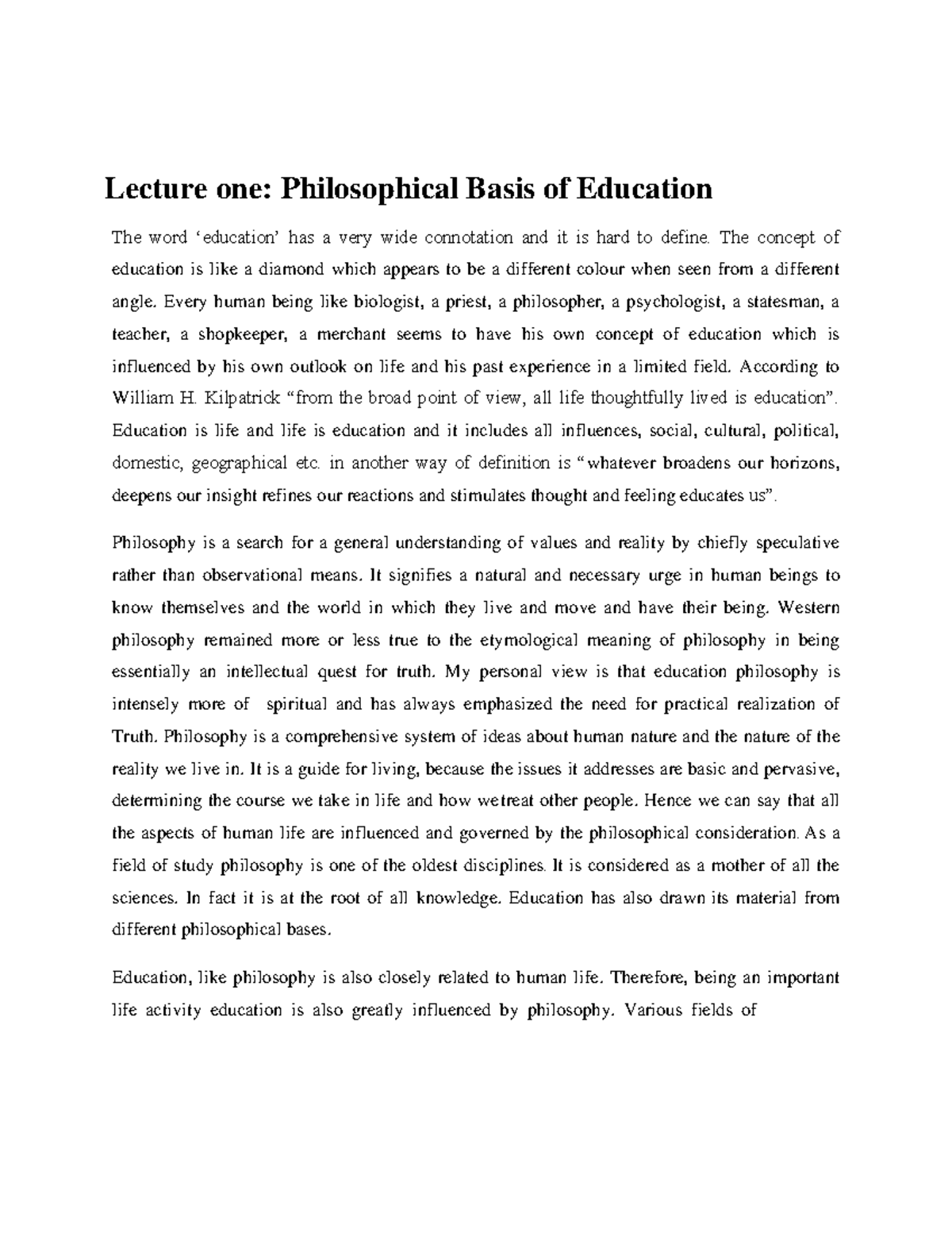 Introduction to Phil Education;Lecture one - Lecture one: Philosophical ...