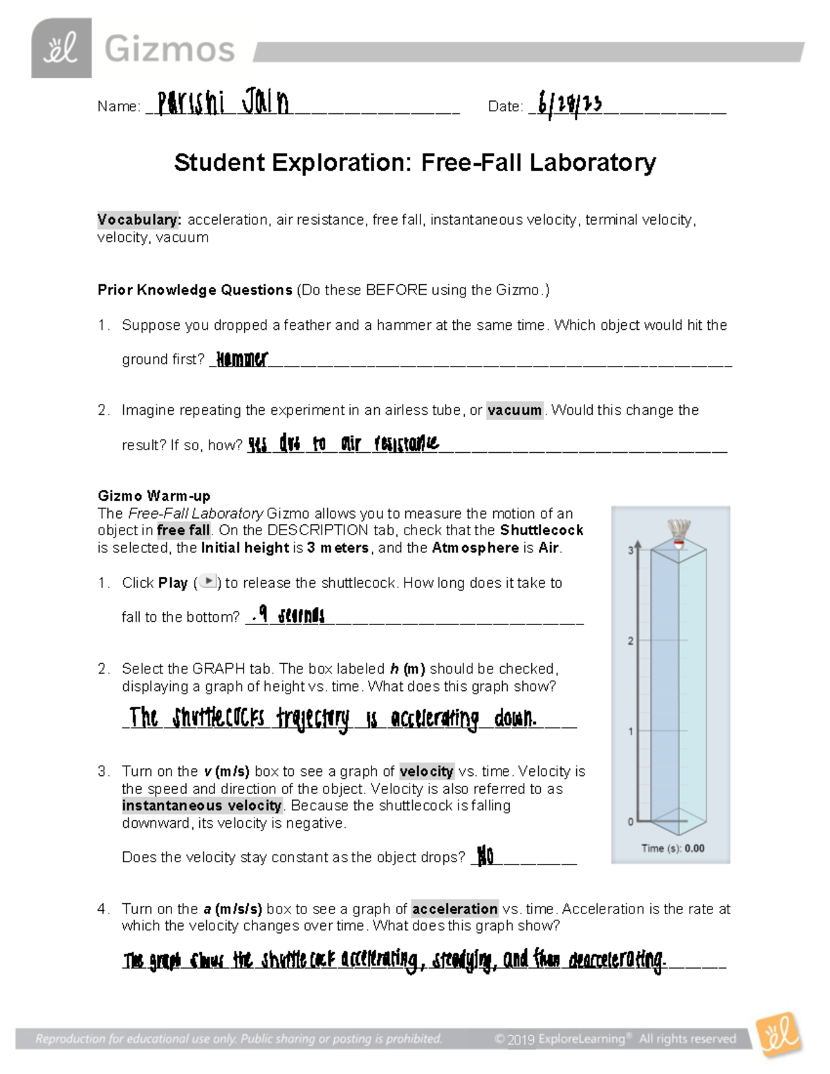 Gizmos Lab Free Fall - Name ...