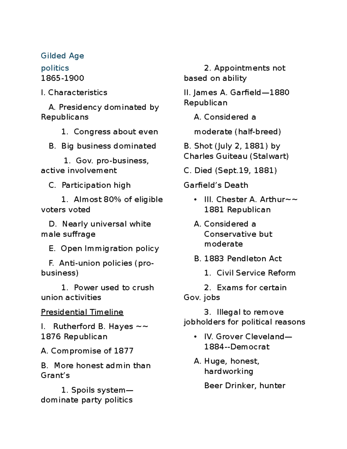 Gilded Age - Gilded Age politics 1865- I. Characteristics A. Presidency ...