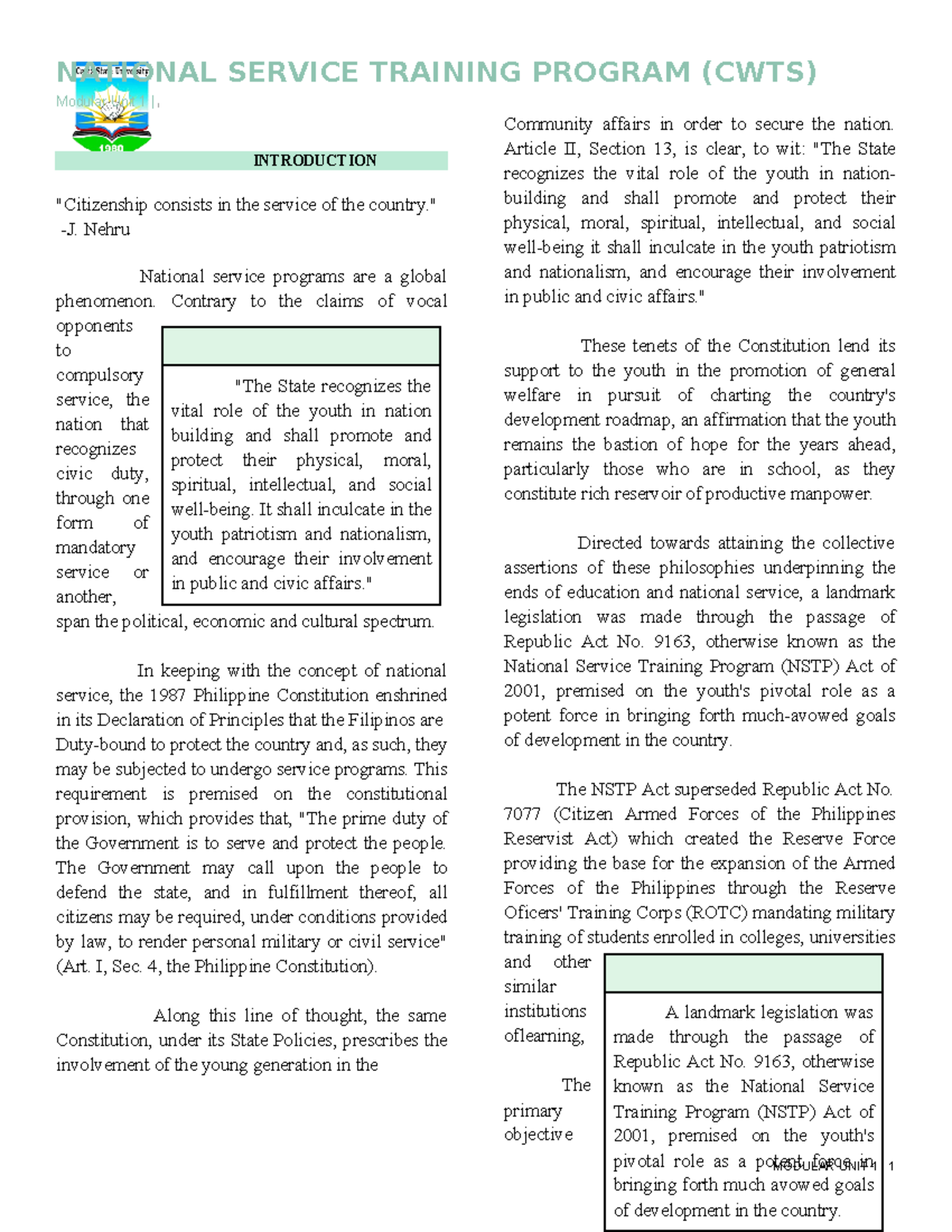 NSTP- Report - Informative - NATIONAL SERVICE TRAINING PROGRAM (CWTS ...