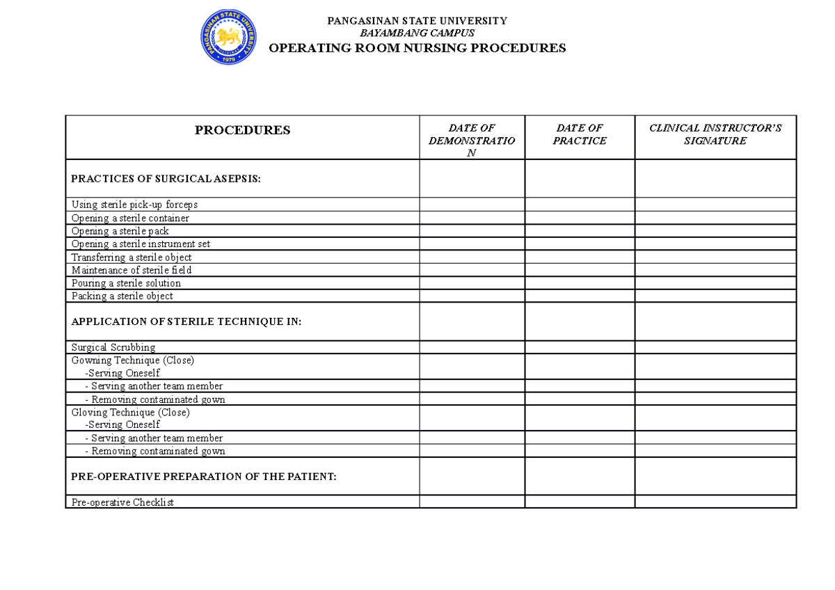 Procedures - OR - RLE Operating Room Checklist - PANGASINAN STATE ...