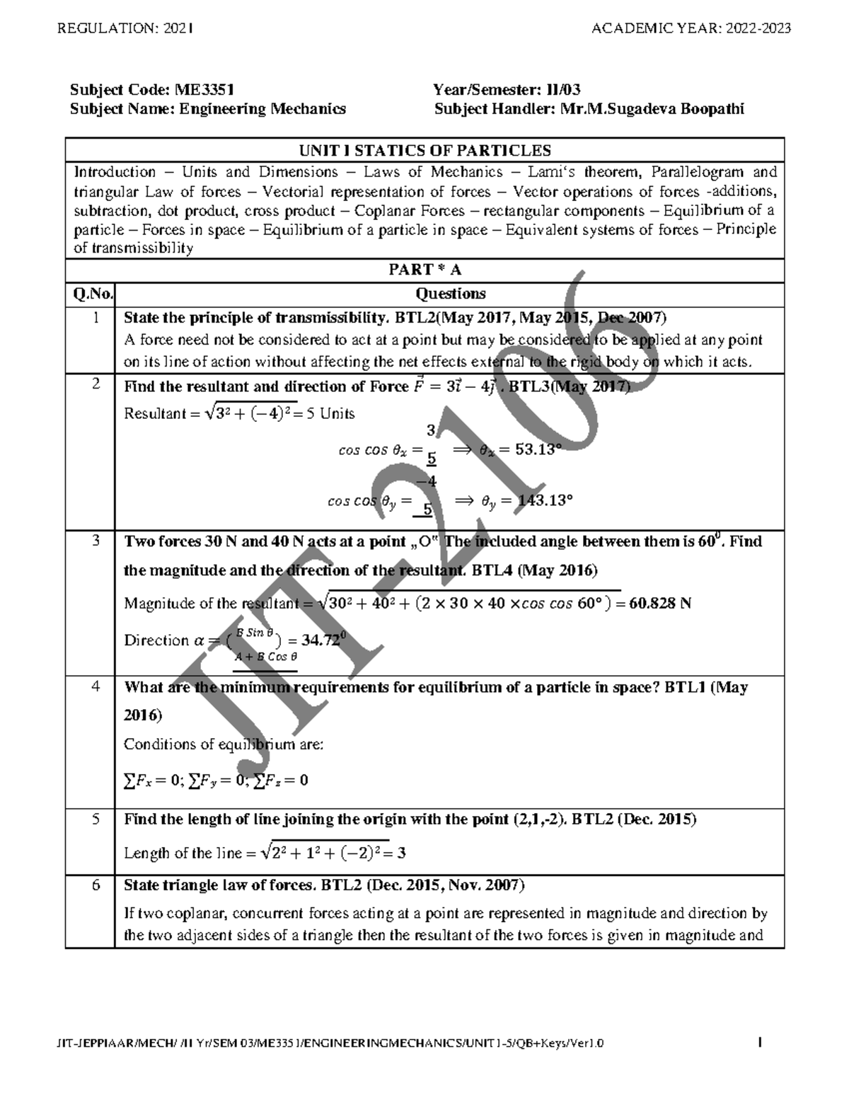 Engineering mechanics QB - Subject Code: ME3351 Year/Semester: II ...