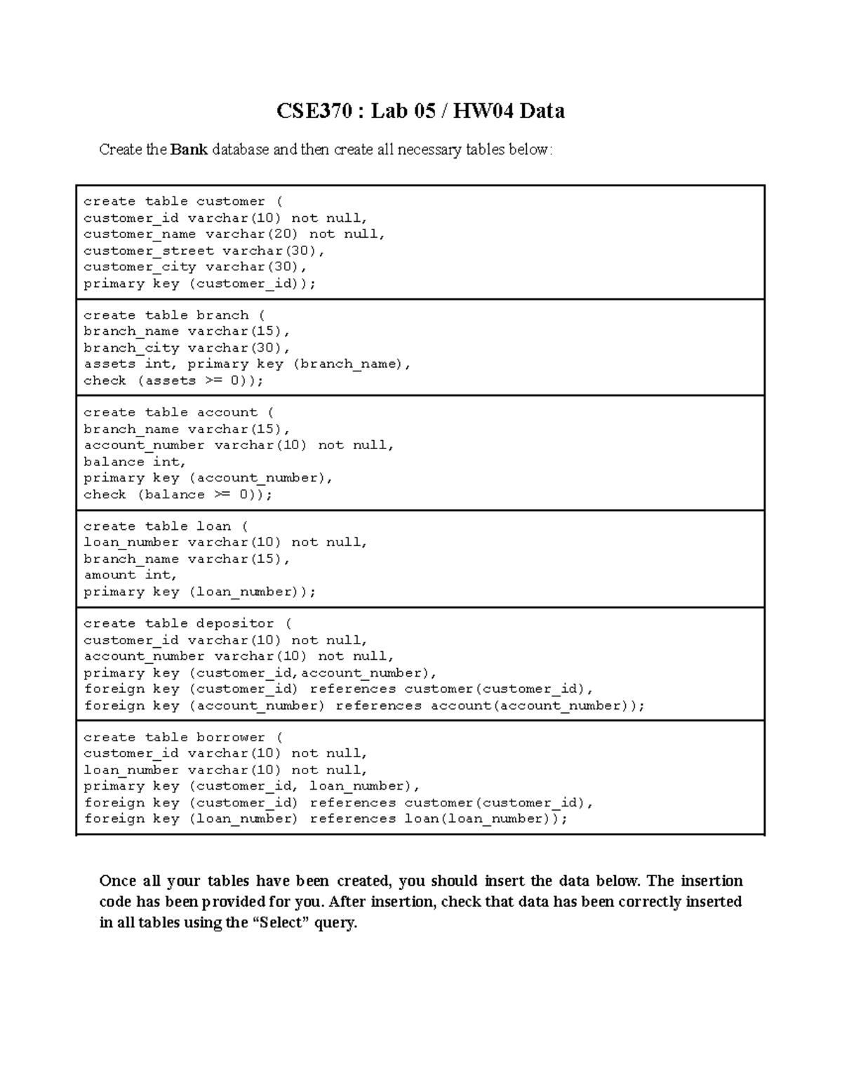 CSE370 Lab Home Work 04 - Bank Database Data - Database Management System - Studocu