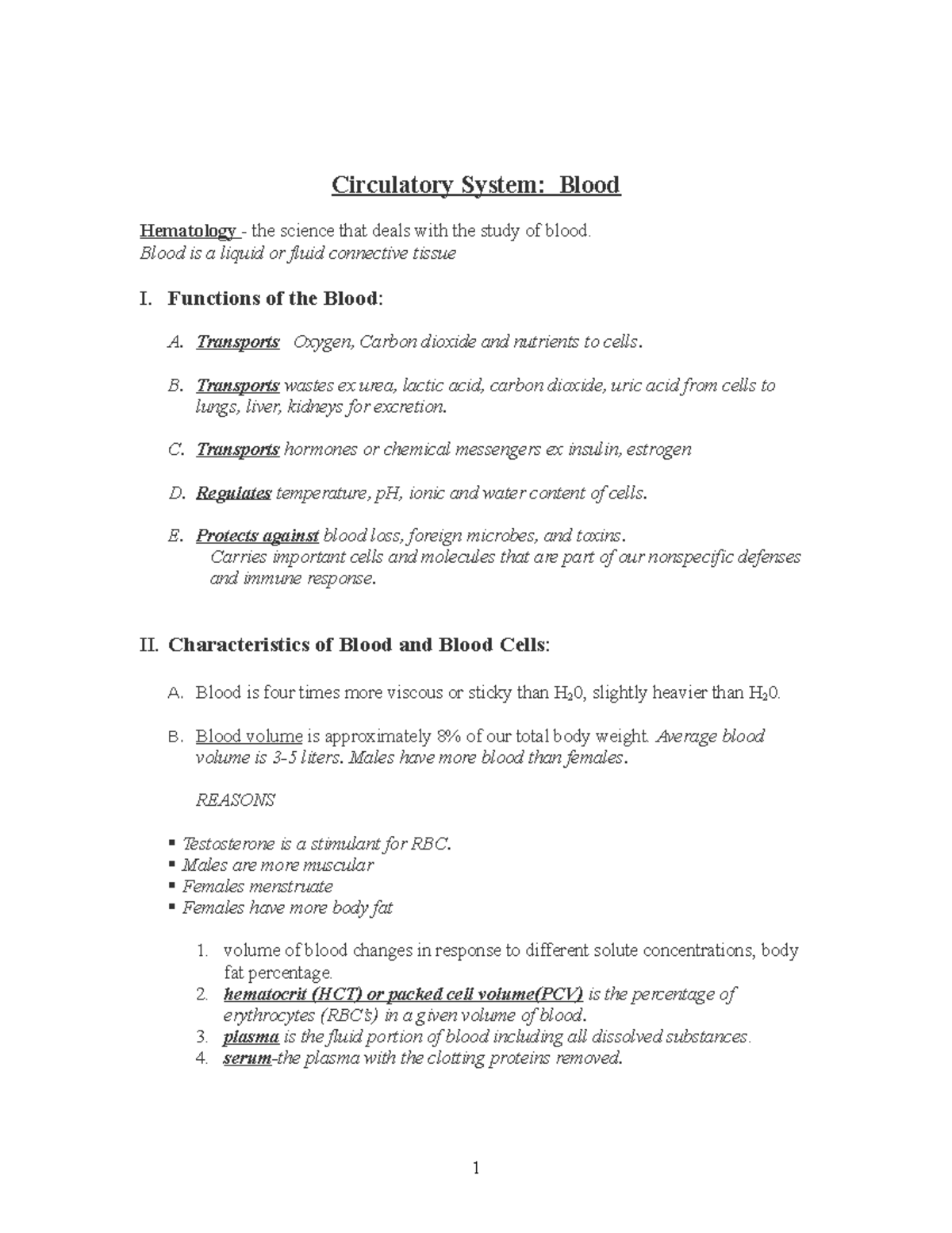 Blood updated 1- 2021 - Circulatory System: Blood Hematology - the ...