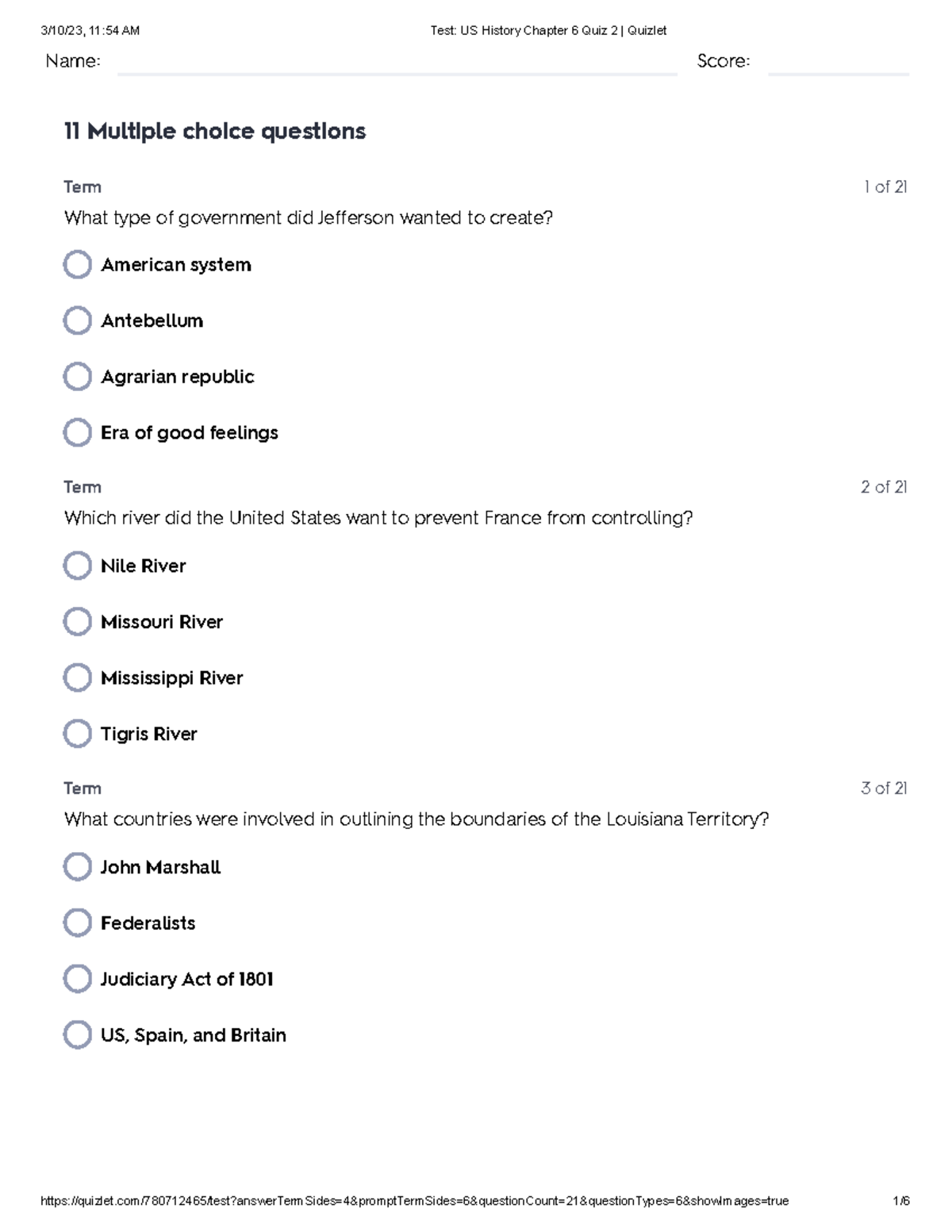Test US History Chapter 6 Quiz 2B Quizlet - Name: Score: 11 Multiple ...