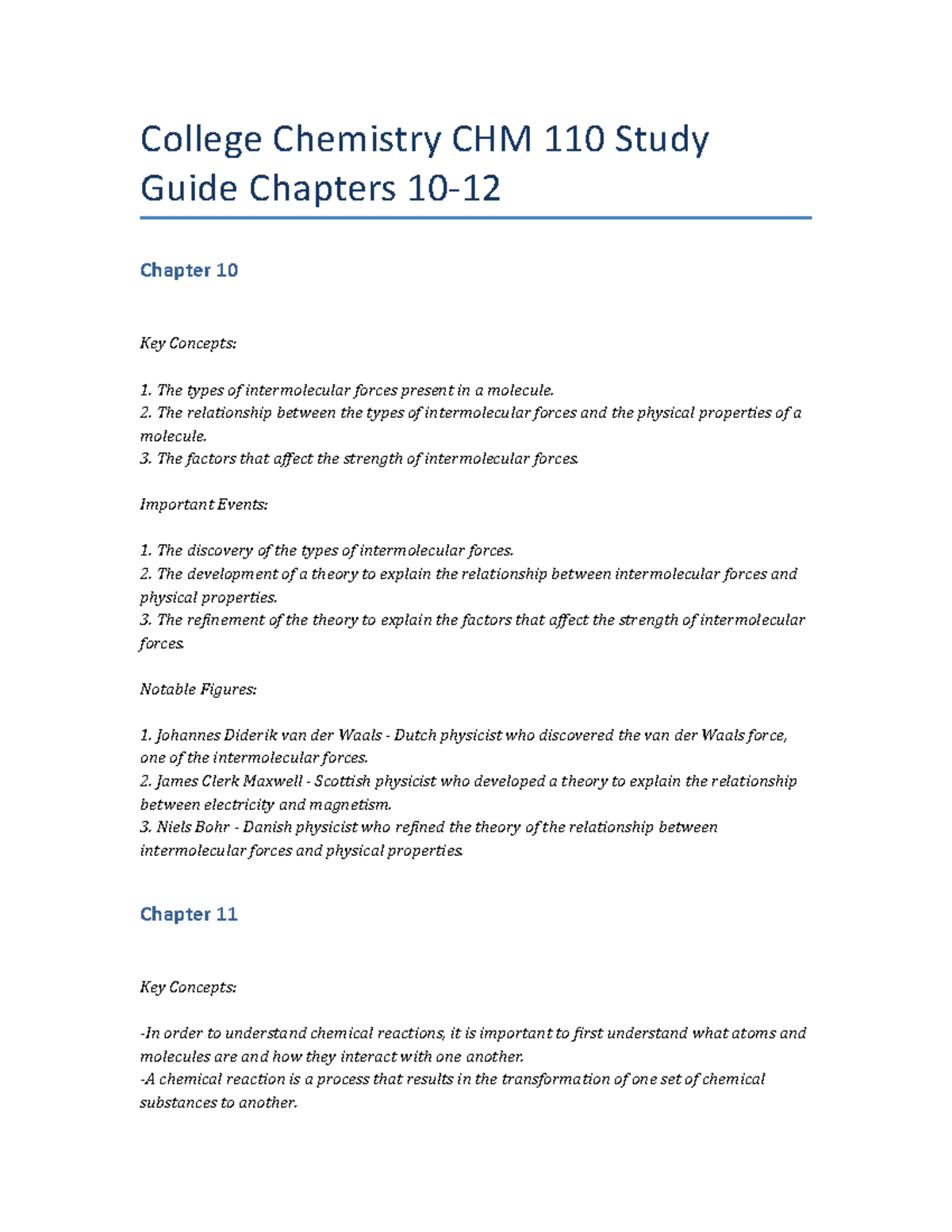College Chemistry CHM 110 Study Guide Chapters 10-12 - College ...