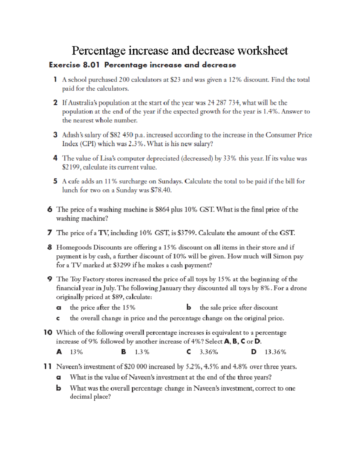 01 Percentage increase and decrease worksheet - Find the total paid for ...