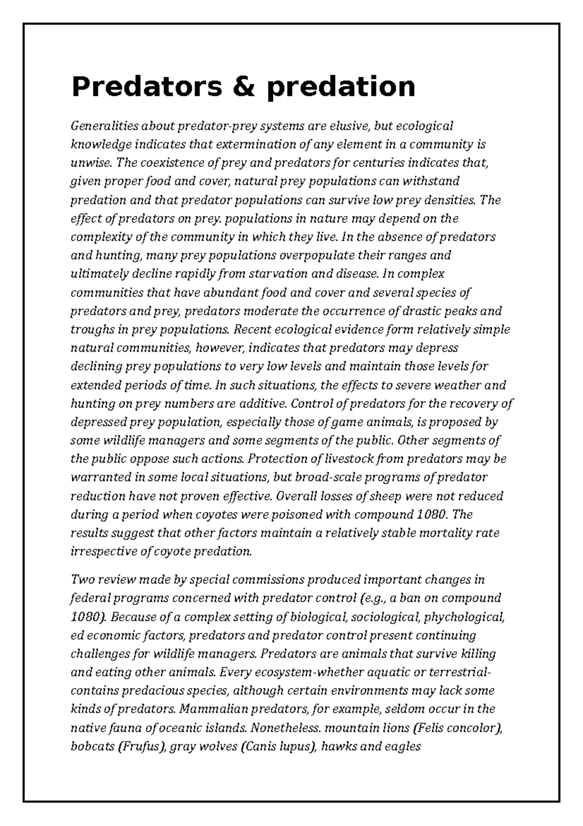 Predators and predation- Lecture notes 1 - Predators & predation ...