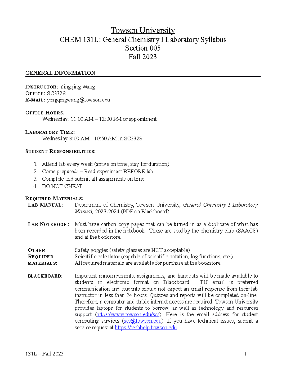 131 Lab Syllabus section 005 - Towson University CHEM 131L: General ...