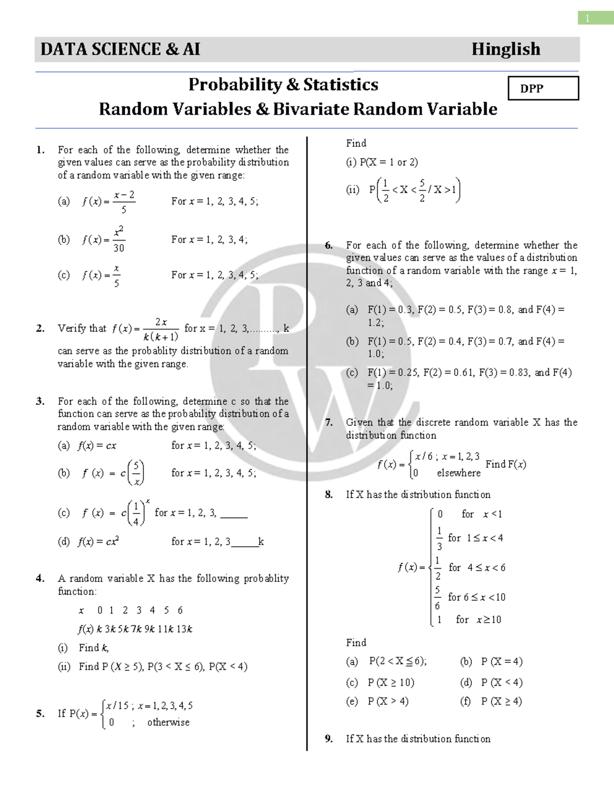 Random Variables And Bivariate Random Variable Dpp Data Science And Ai 2432