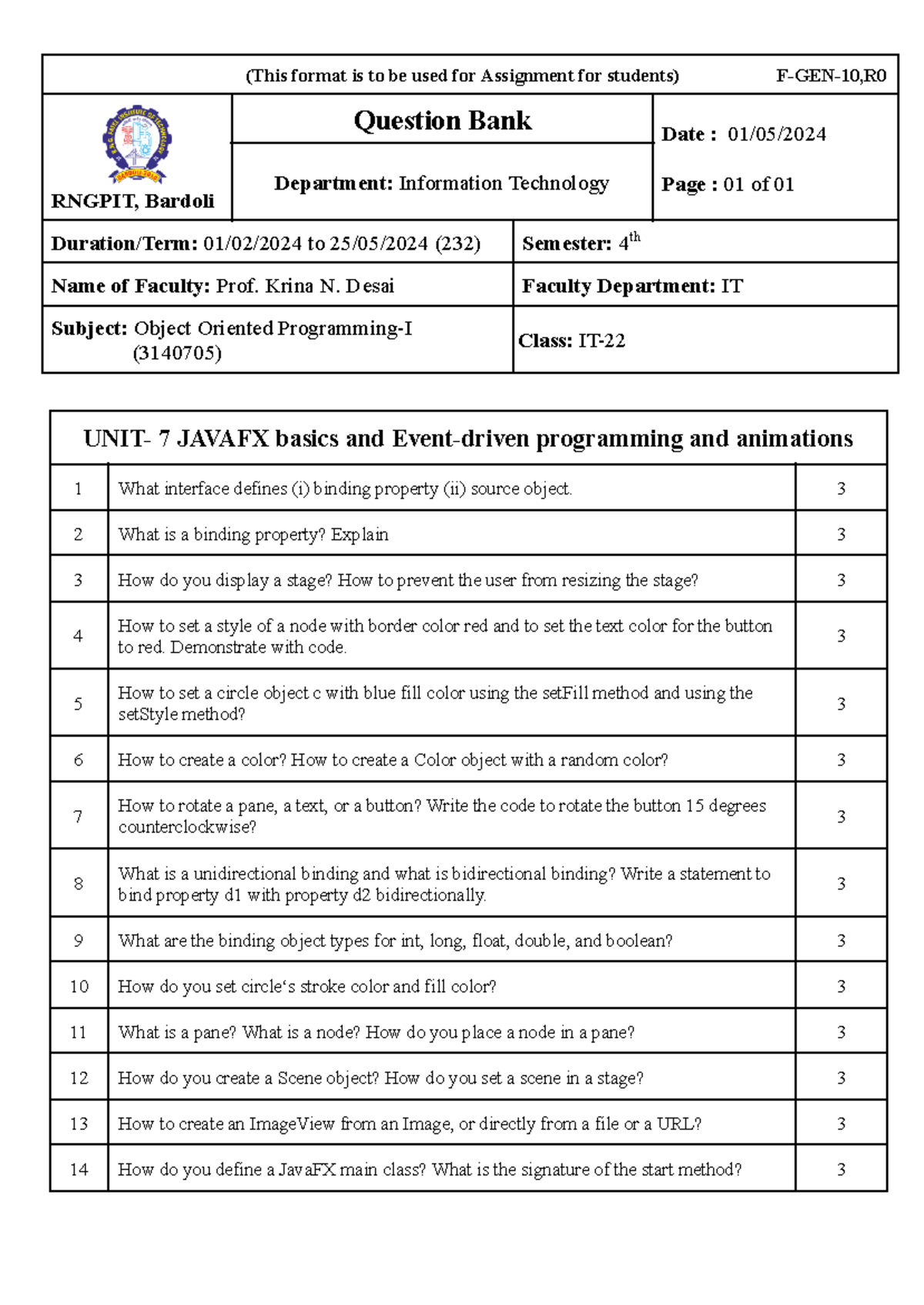 IT OOP-I Question Bank Unit-7 - (This format is to be used for ...