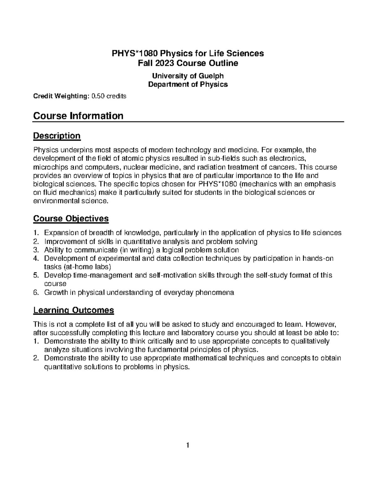 PHYS1080 F23 outline final - PHYS*1080 Physics for Life Sciences Fall ...