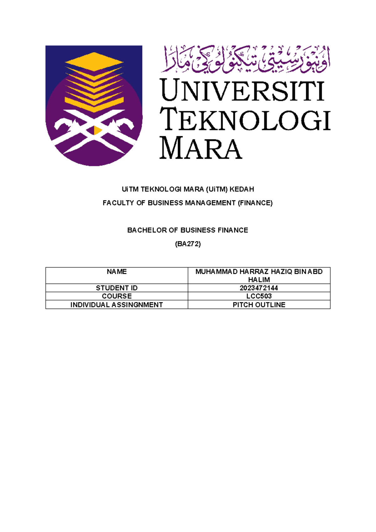Pitch Outline LCC503 ( Muhammad Harraz Haziq) - English for Business ...