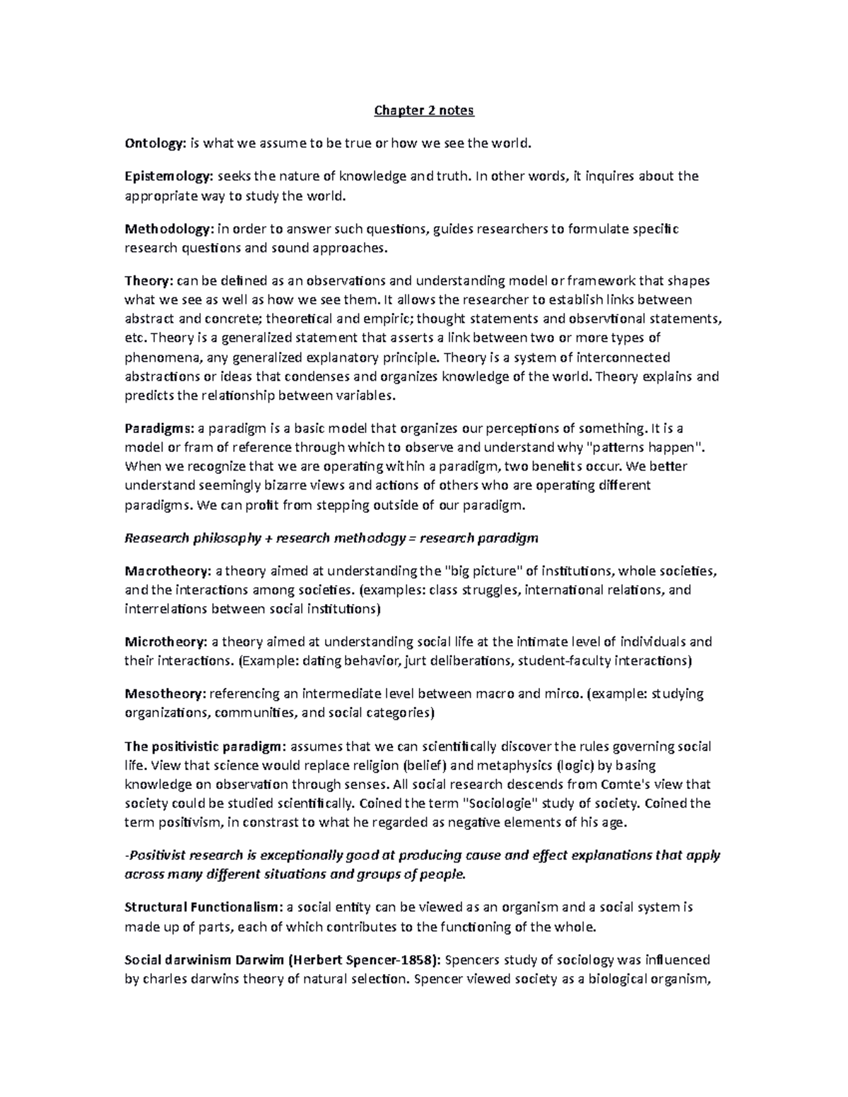SOCL 304 ch. 2 notes - Ontology, theory, methodology, etc. - Chapter 2 ...
