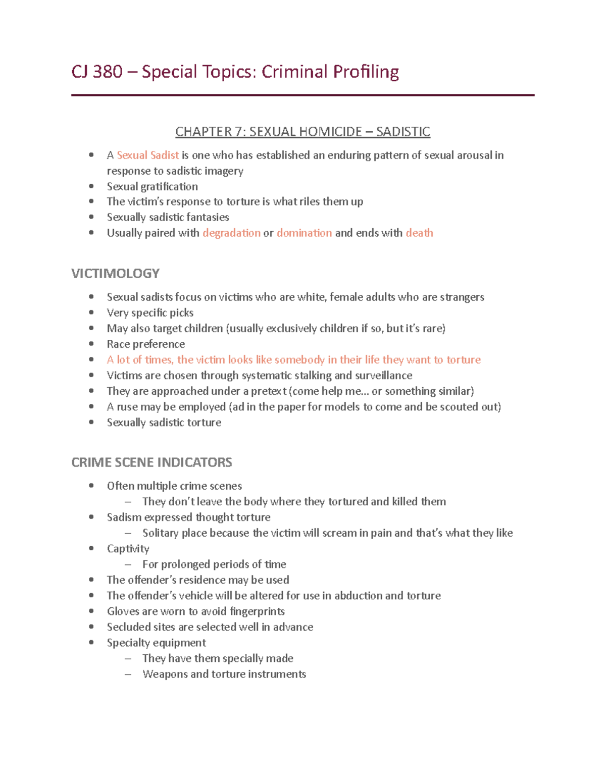 CJ 380 - Chapter 7 Sexual Homicide - Sadistic - CJ 380 – Special Topics: Criminal Profiling ...