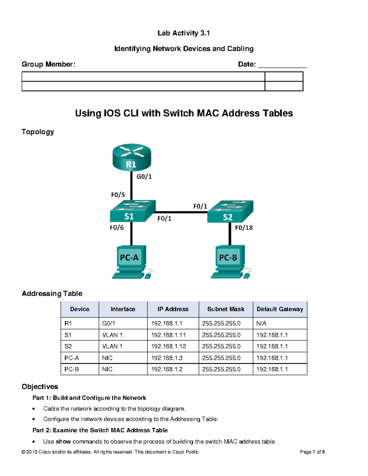 Activity 3.1 Using IOS CLI with Switch MAC Address Tables - Lab Activity 3. 1 Identifying ...