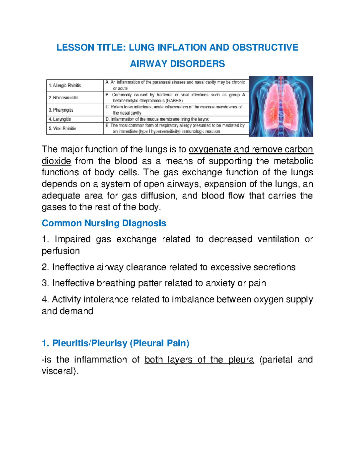 NUR155-IG-Session 2-PDF - LESSON TITLE: LUNG INFLATION AND OBSTRUCTIVE ...