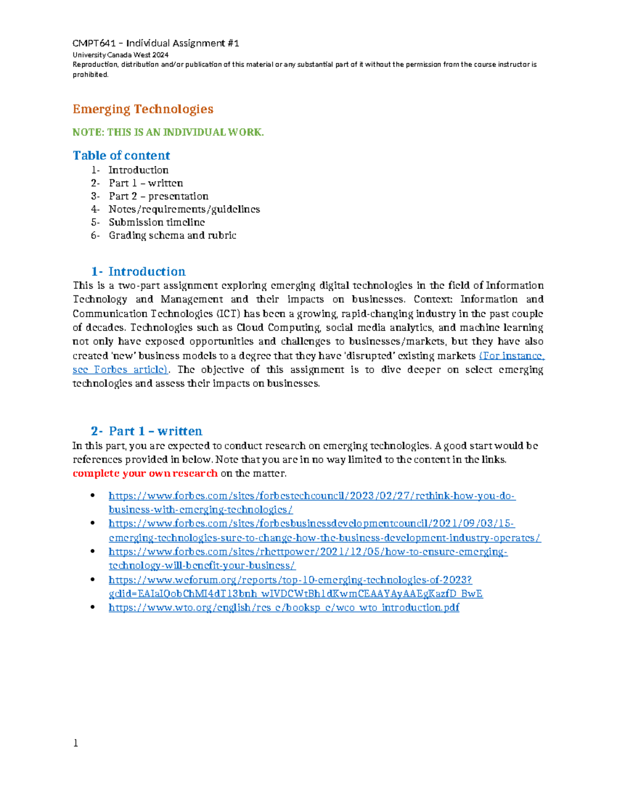 Individual Assignment 1 - Emerging Tech - University Canada West 2024 Reproduction, distribution ...