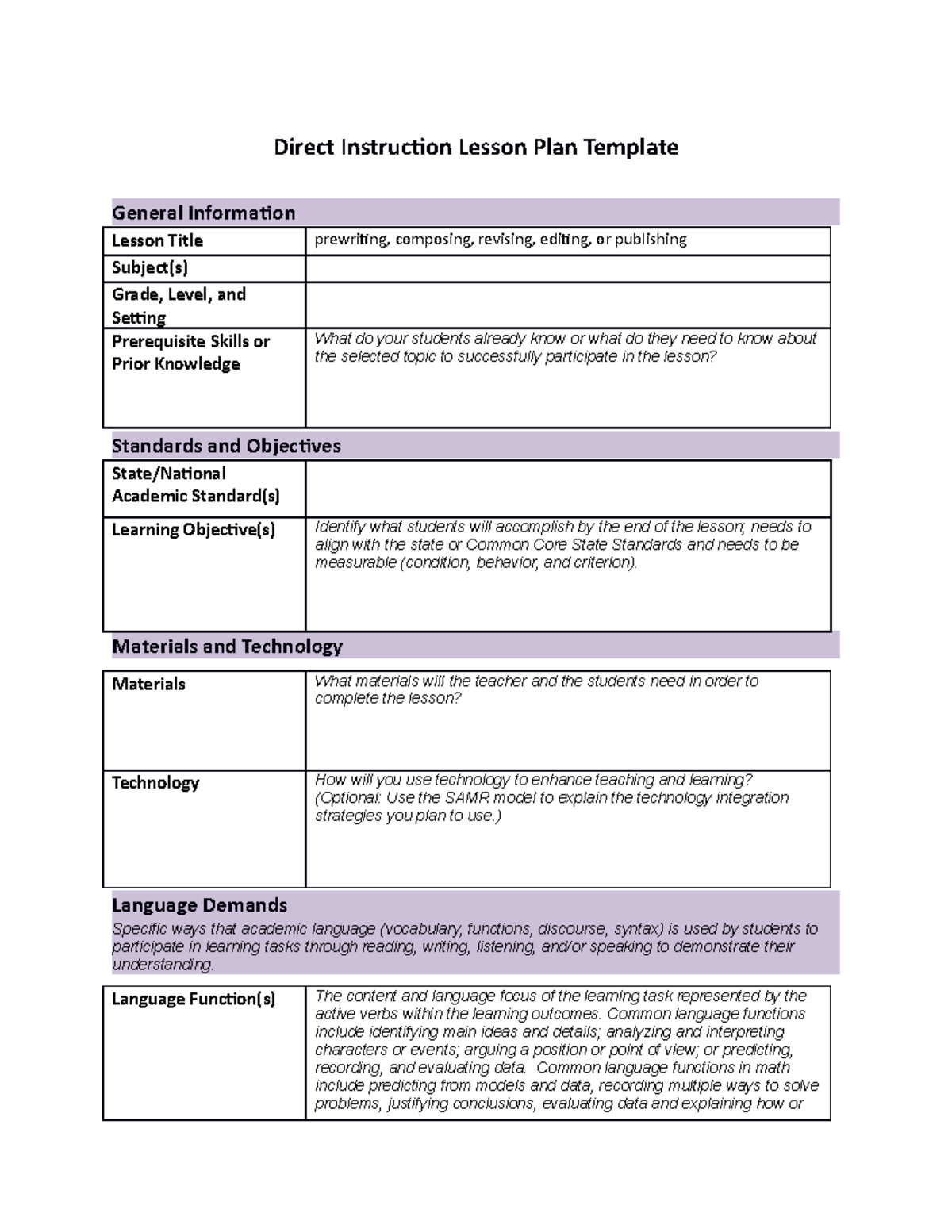 Language Arts lesson plan - Direct Instruction Lesson Plan Template ...