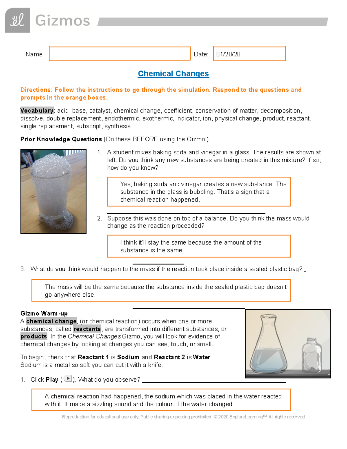 Chemical Changes SE - Chemistry grade 9 - Name: Date: 01/20/ Chemical ...
