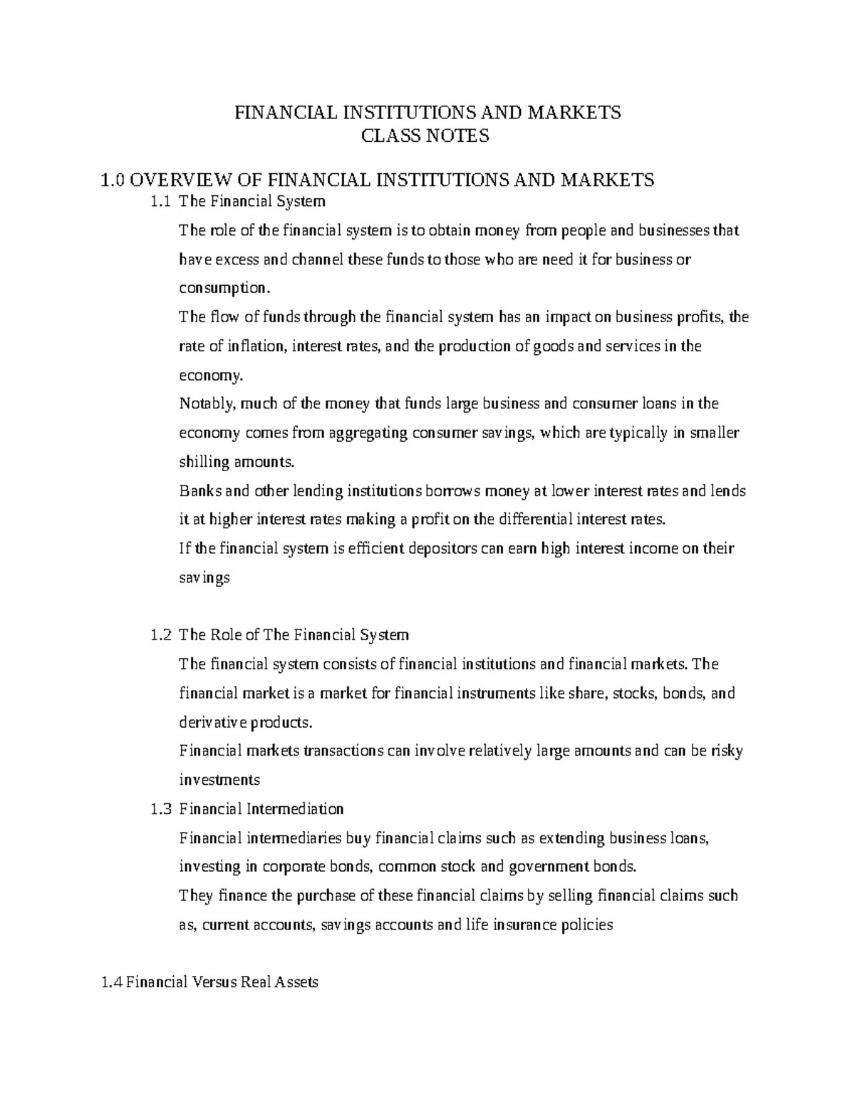 Financial Institutions AND Markets notes - FINANCIAL INSTITUTIONS AND ...
