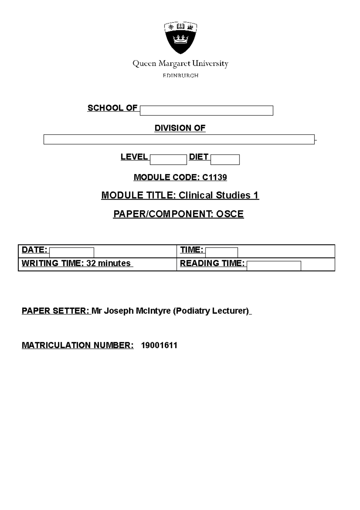 Answer Book for Clinical Studies 1 OSCE Exam - SCHOOL OF DIVISION OF ...