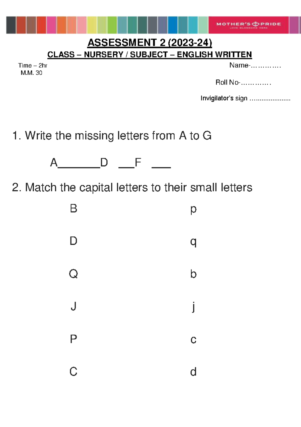 617801407 Nursery English TEST Paper PDF - ASSESSMENT 2 (2023-24) CLASS ...