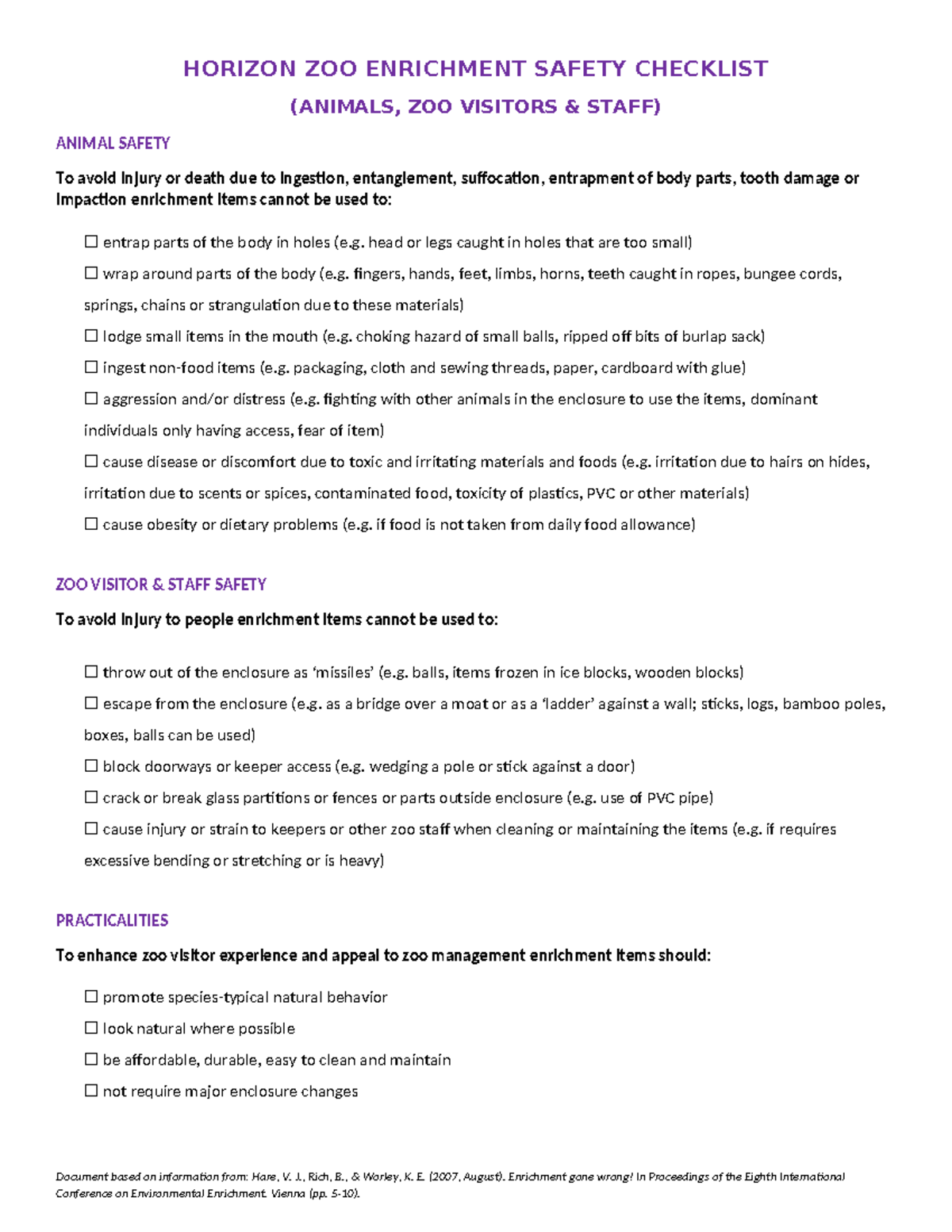 Horizon ZOO Enrichment Safety Checklist Updated - HORIZON ZOO ...