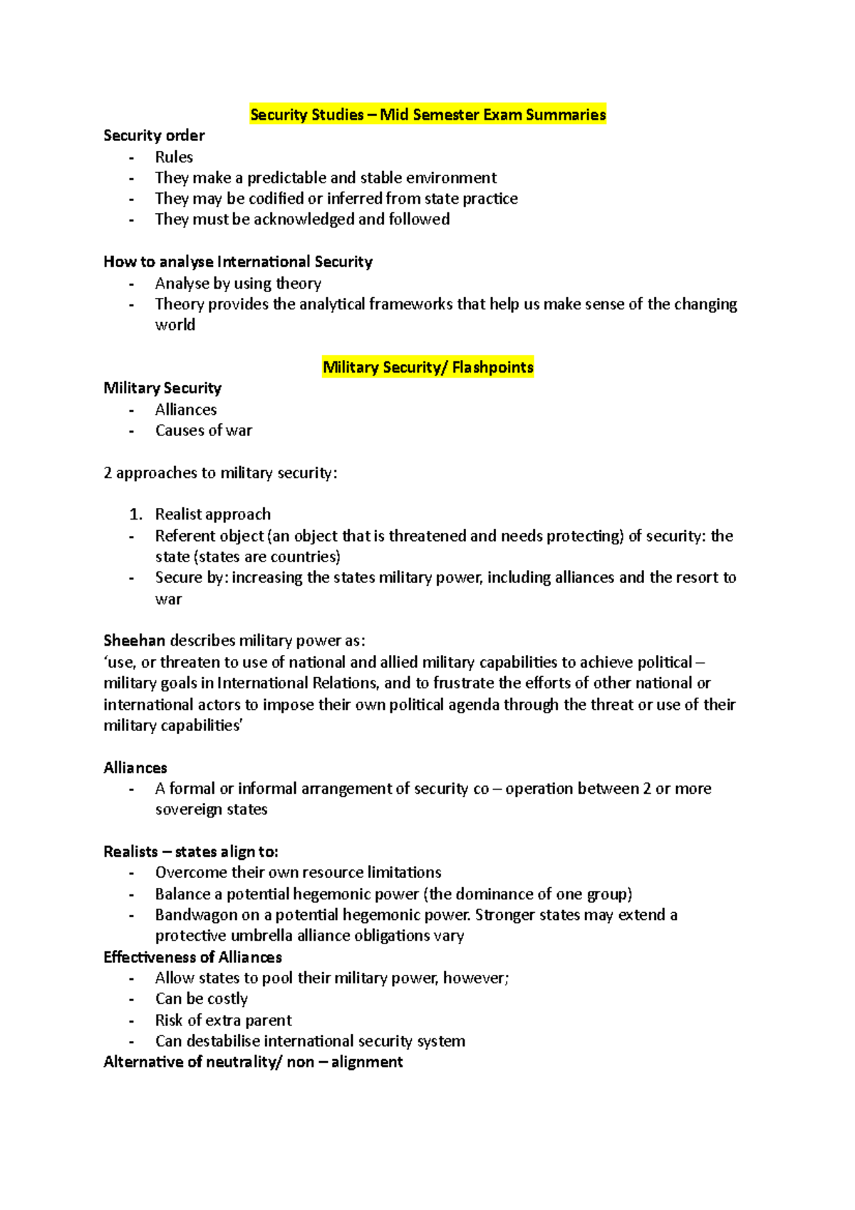 Examination preperation - Security Studies – Mid Semester Exam ...