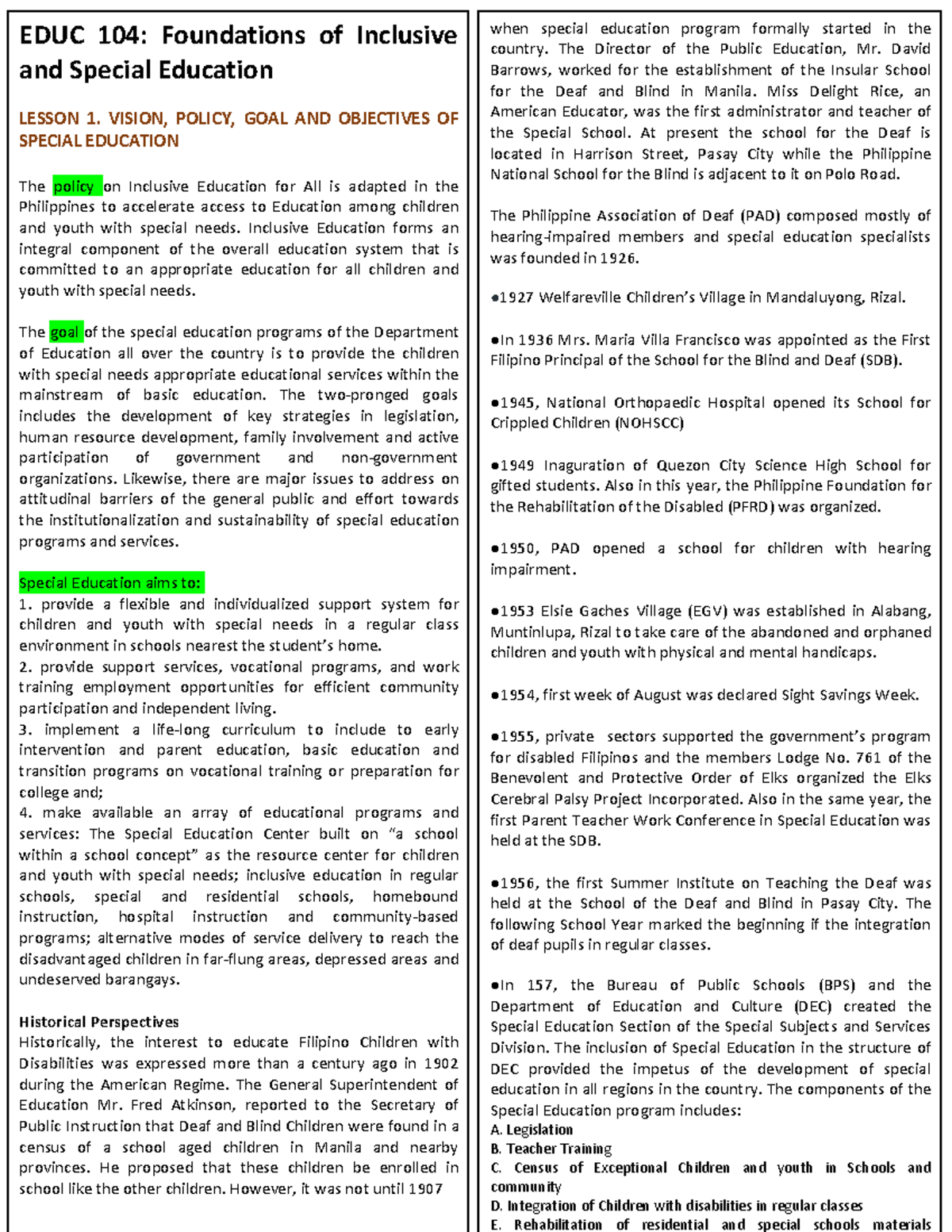 EDUC 104 Midterm Reviewer - EDUC 104: Foundations of Inclusive and ...