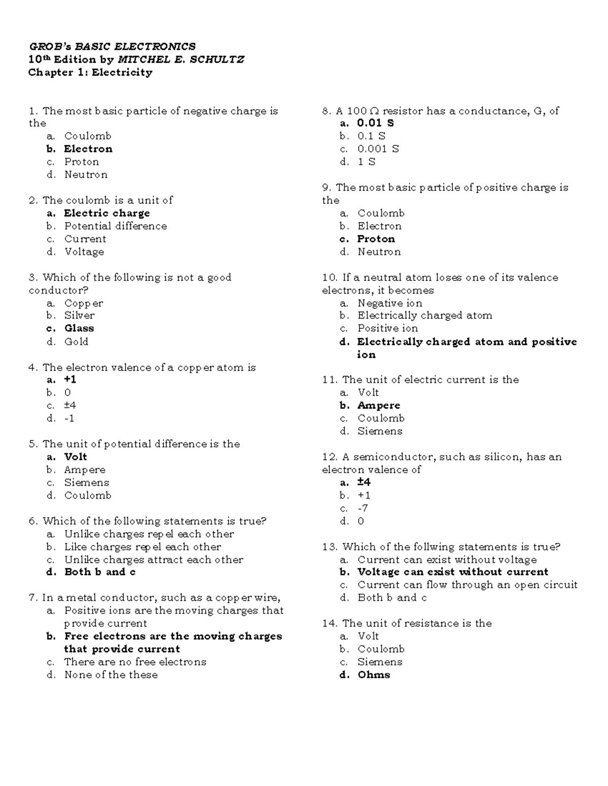 GROB s Basic Electronics - 10 th Edition by MITCHEL E. SCHULTZ Chapter 1: Electricity The most ...