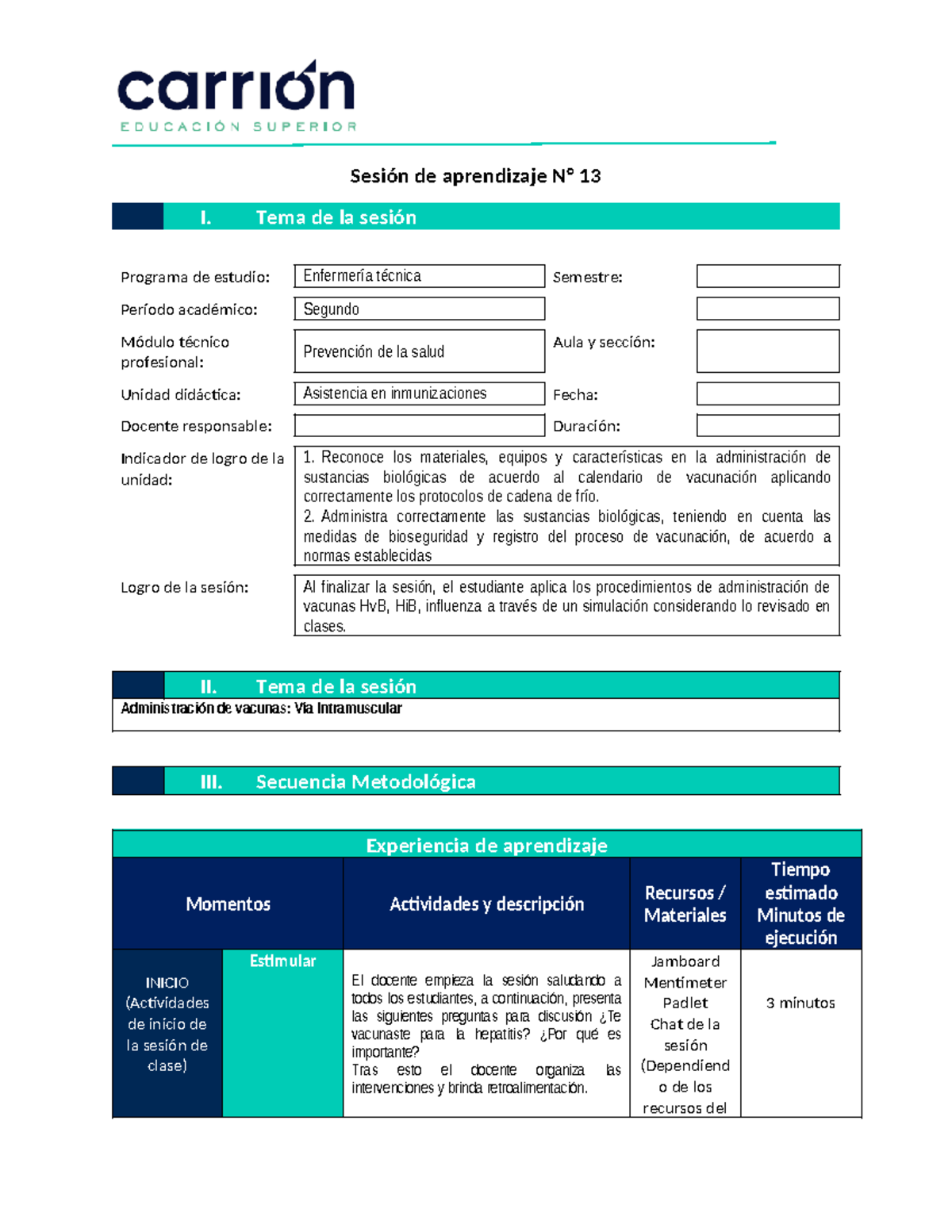SA13 ET II Asistencia en Inmunizaciones - Sesión de aprendizaje N° 13 I ...