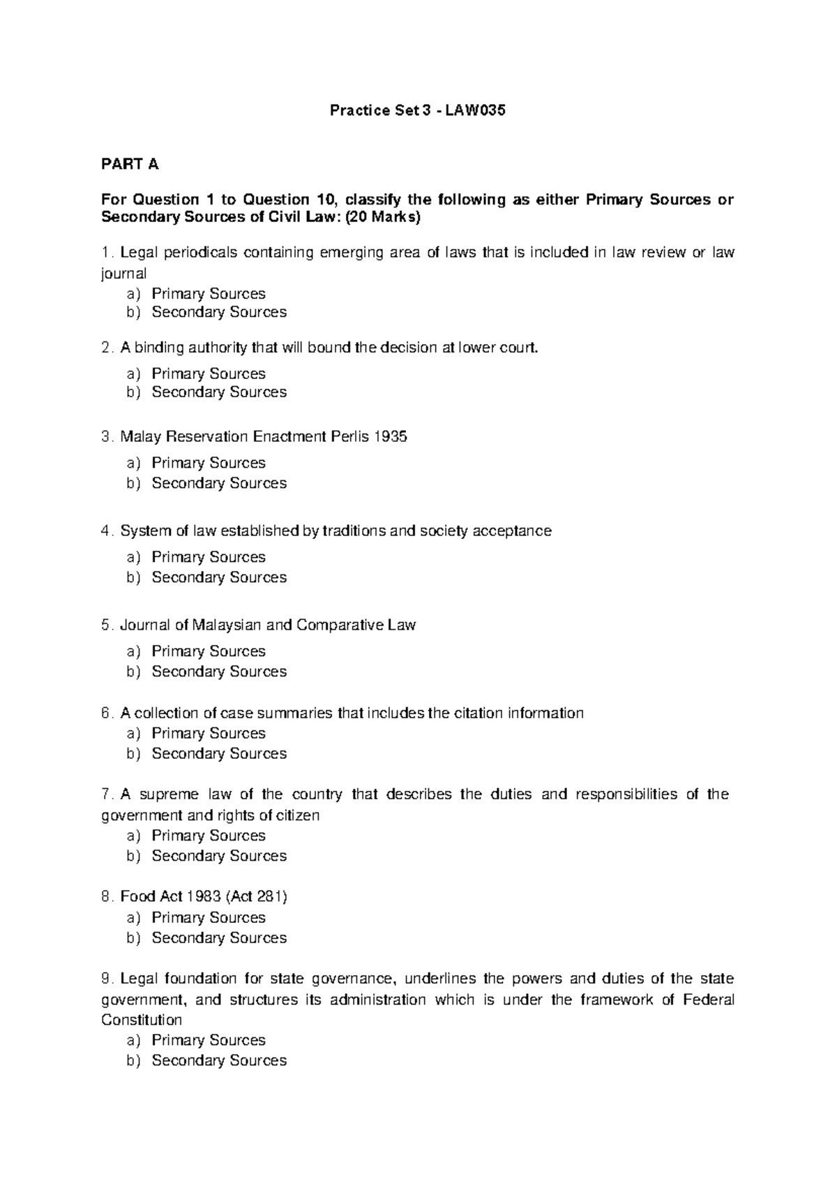 LAW035 Practice Set 3 - Practice Set 3 - LAW PART A For Question 1 to ...