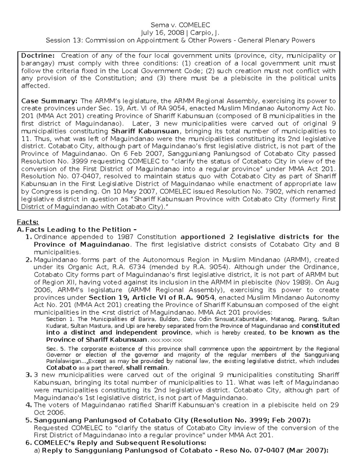 LPC Digested Cases - Law on Public Corporation - Sema v. COMELEC July ...