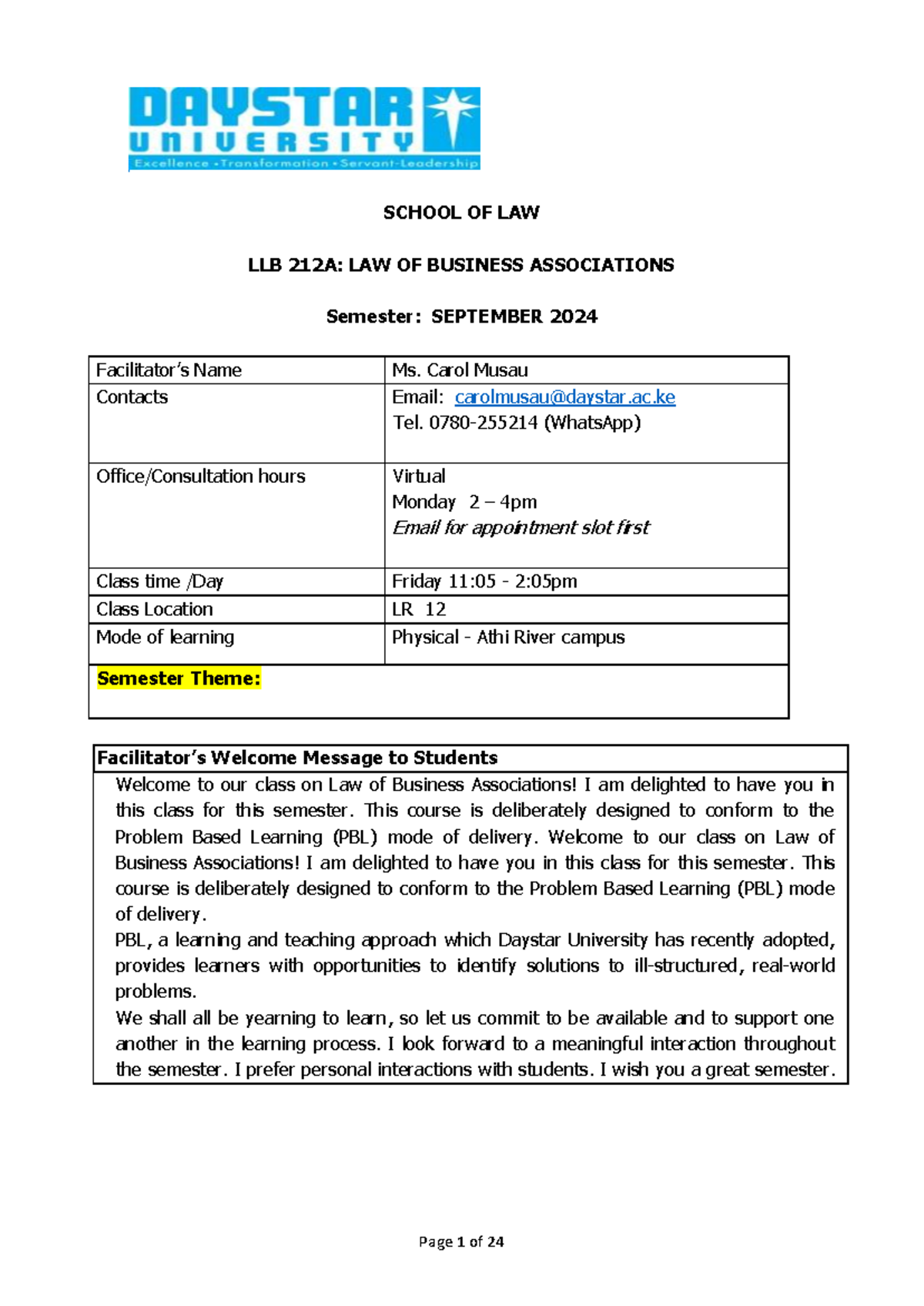 LLB 212 A - Law of Business Associations- Course Outline - CM - Final ...