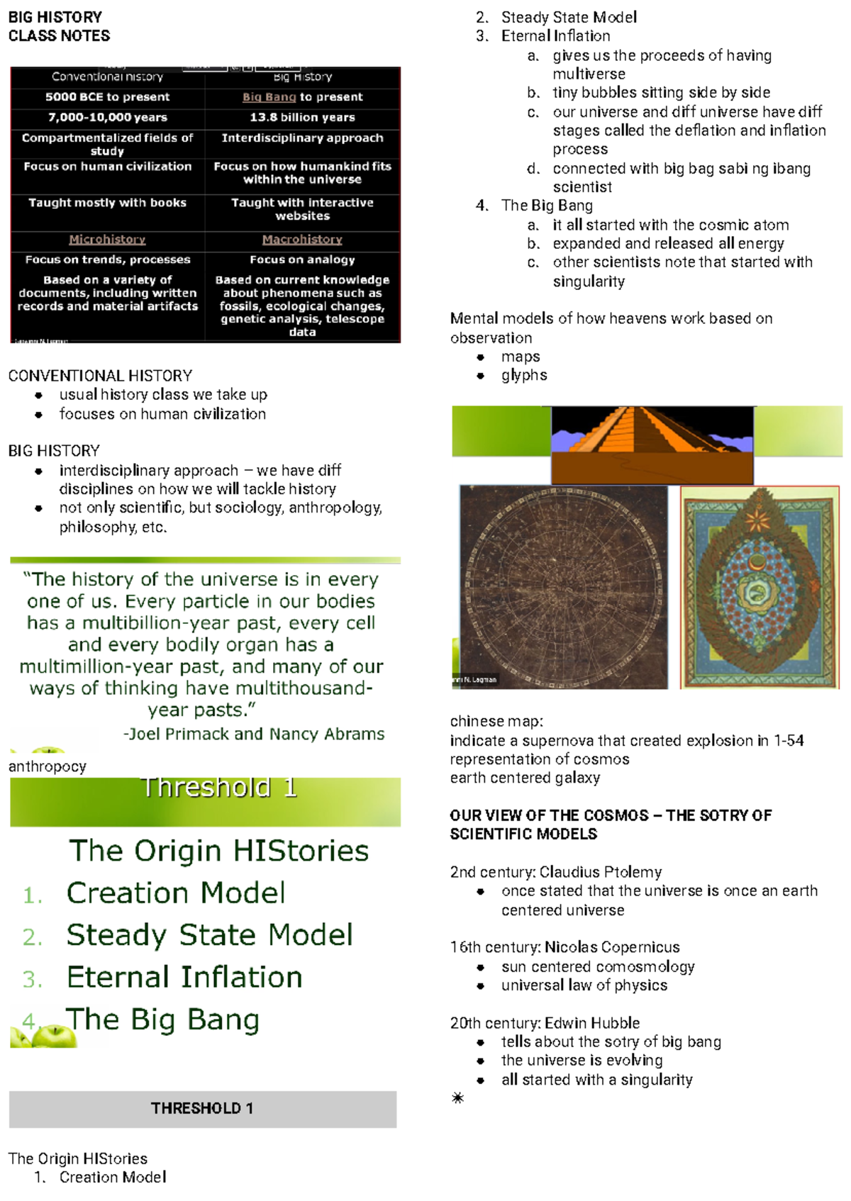 Q1W1-2 Bighis (notes) - BIG HISTORY CLASS NOTES CONVENTIONAL HISTORY ...