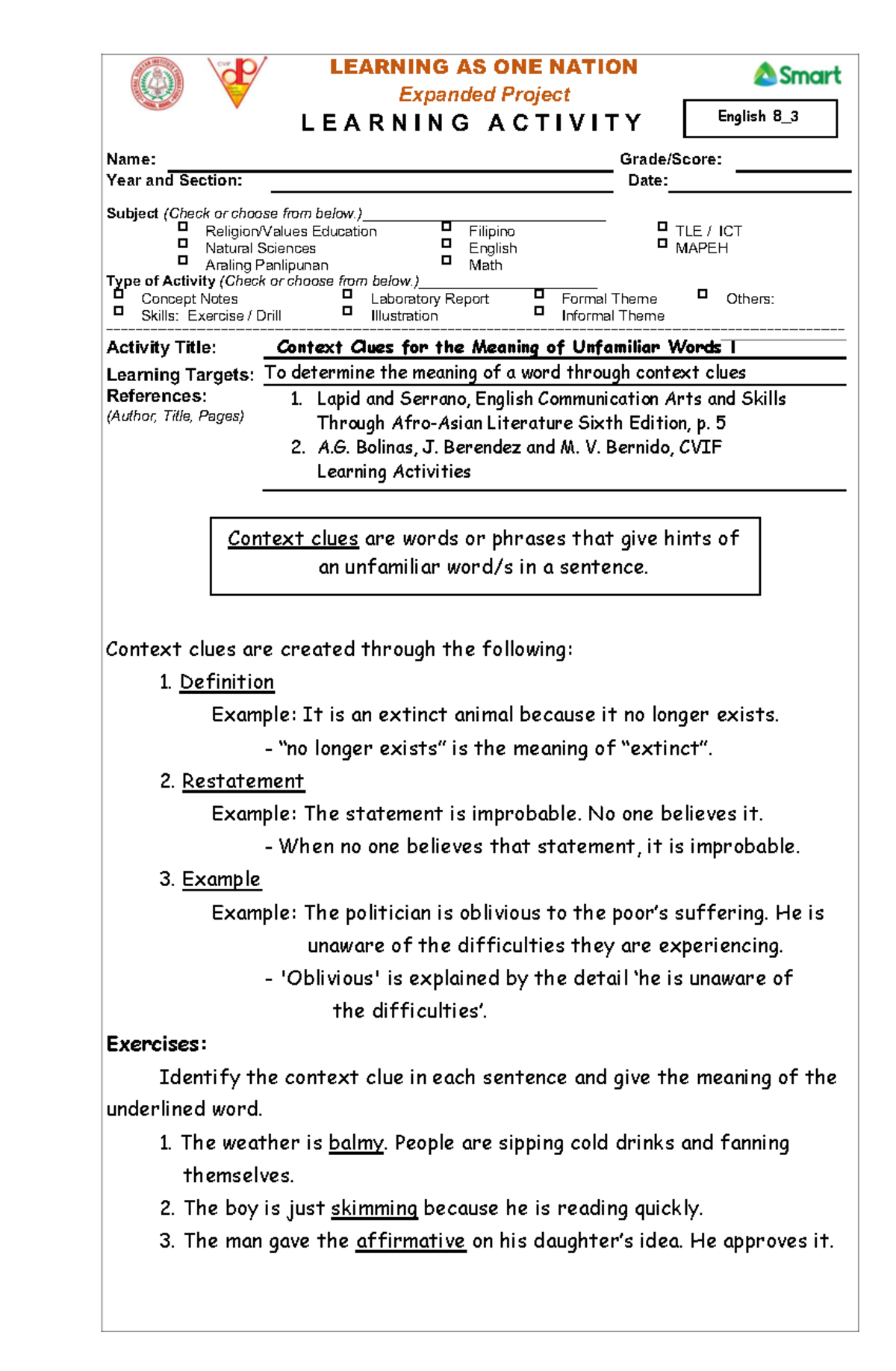 English 8 LAS 3 Context Clues for the Meaning of Unfamiliar Words I ...