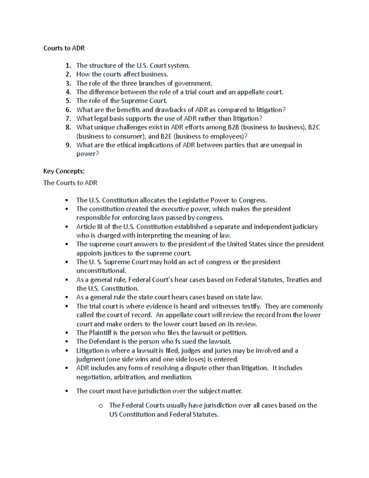 Courts to ADR - Lecture notes 1 - Courts to ADR The structure of the U ...