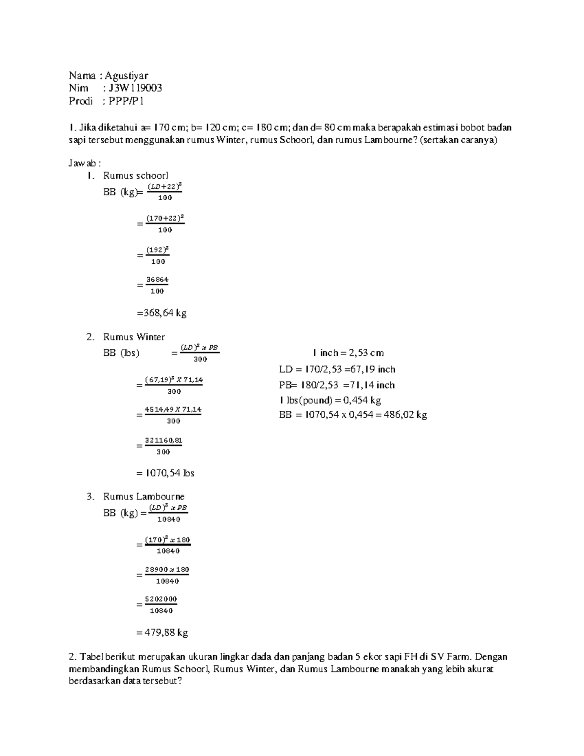 Agustiyar J3W119003 Estimasi Bobot Badan Sapi - Nama : Agustiyar Nim ...